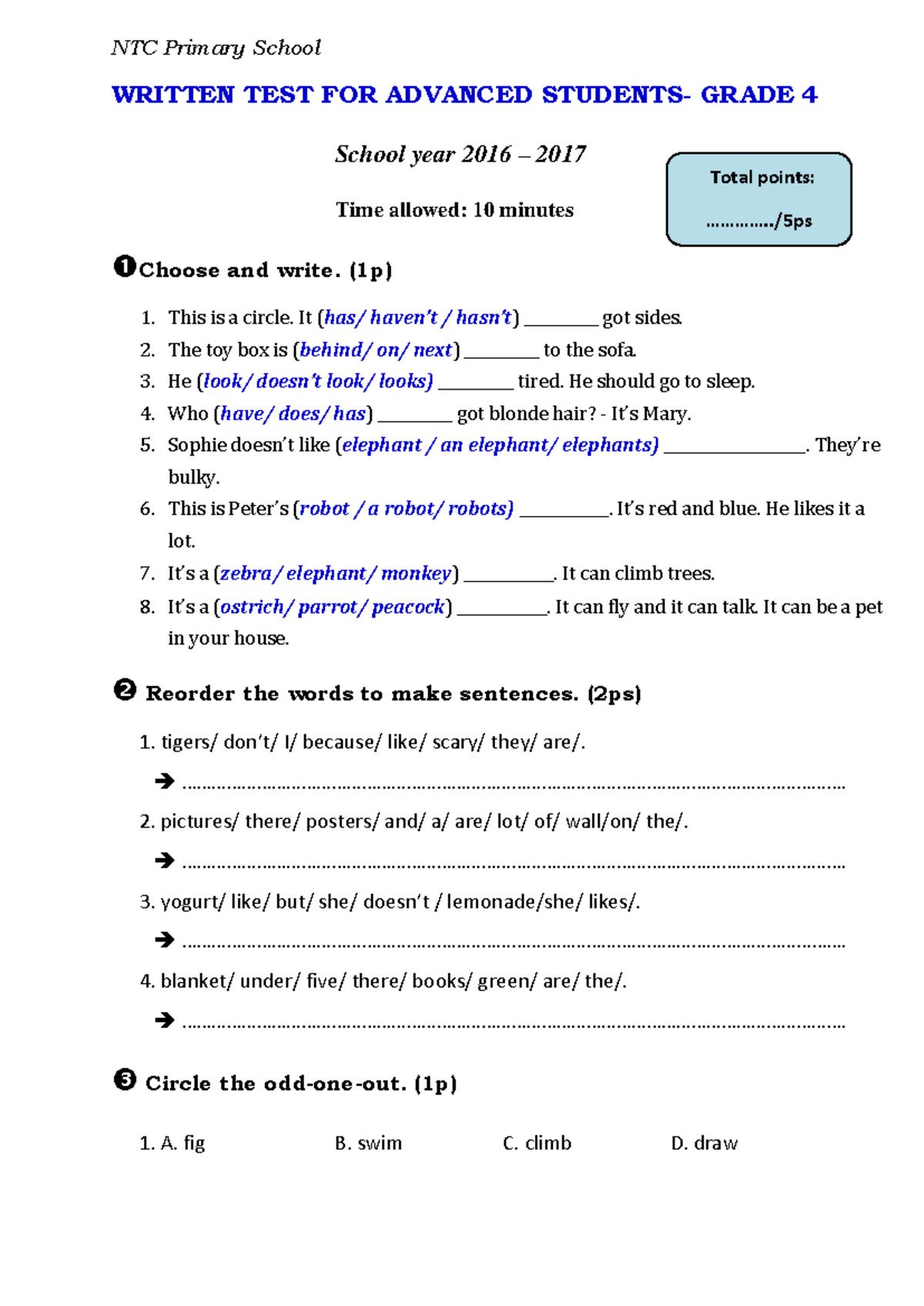 NTC Grade 4 Written Test - Advanced Level 2016-2017 - Studocu