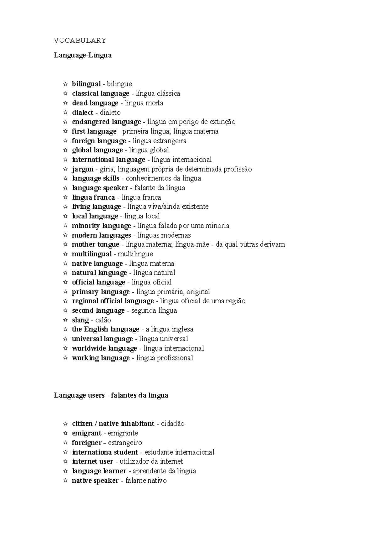 Resumos 1 - Vocabulário de inglês - VOCABULARY Language-Língua ...