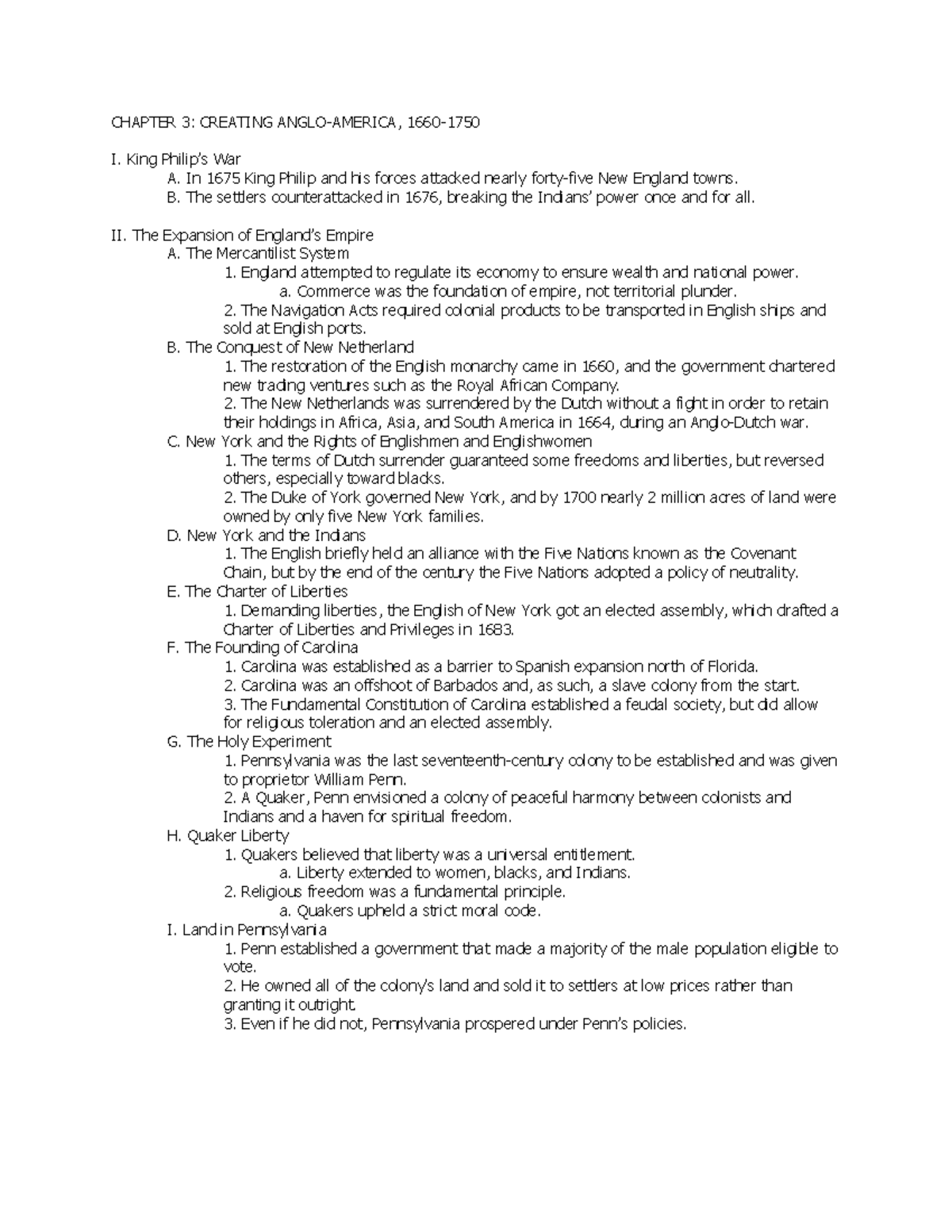 Foner Chapter 3Outline - CHAPTER 3: CREATING ANGLO-AMERICA, 1660- I ...