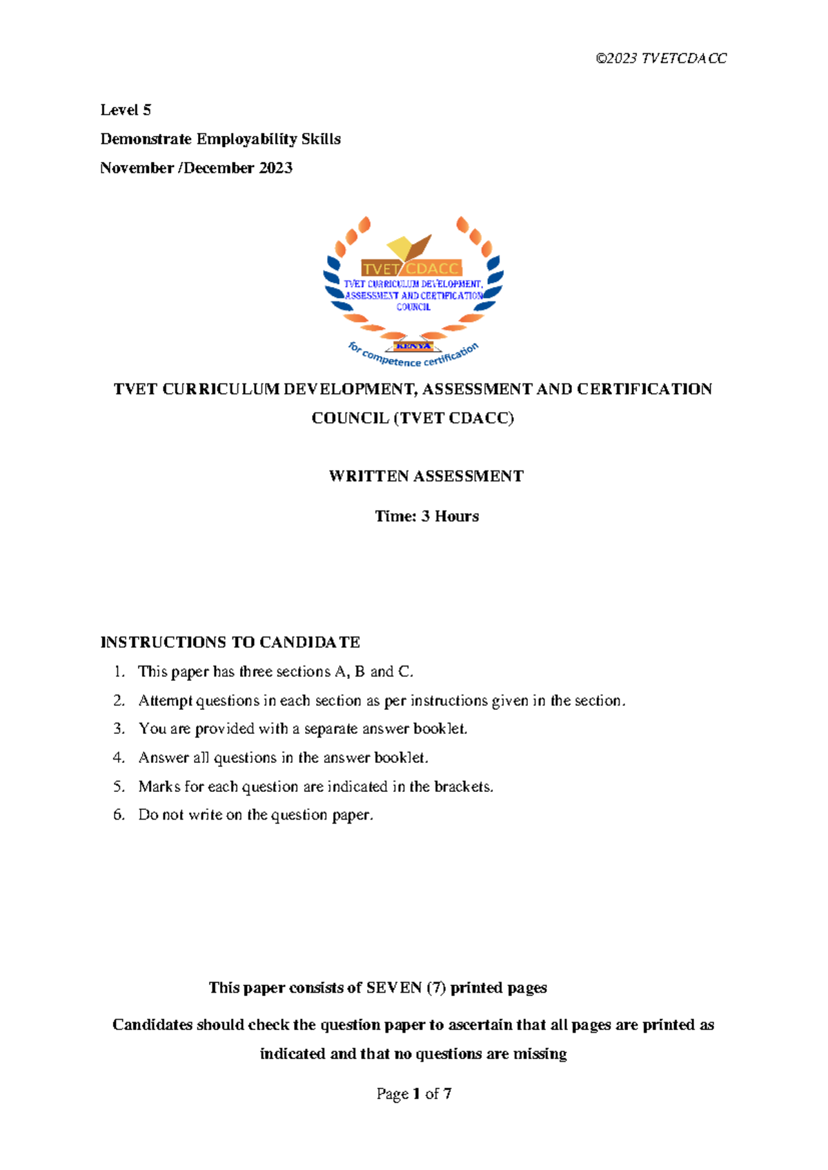 Employability Skills Level 5 - Written Assessment Notes (Nov/Dec 2023 ...