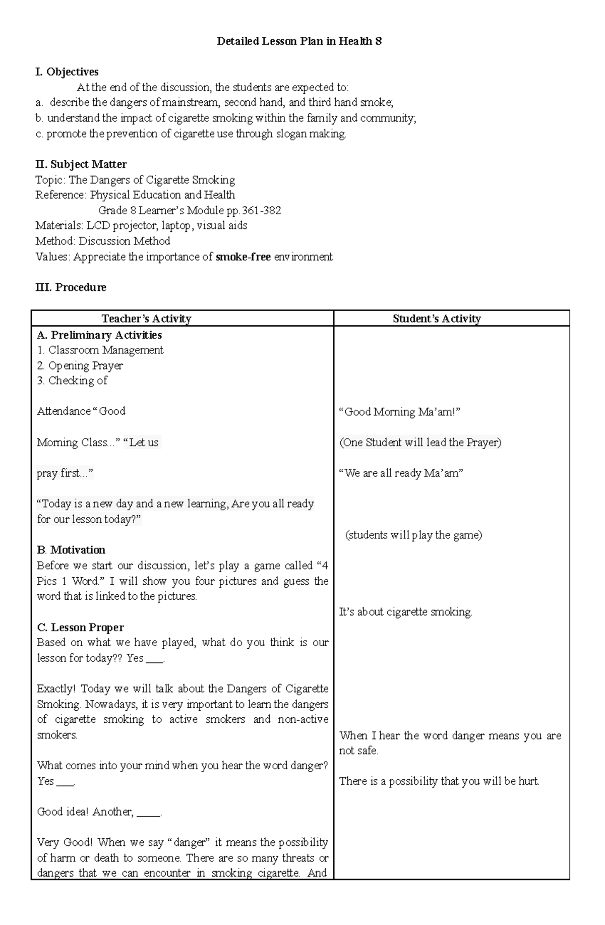 Health 8 Lesson Plan: Dangers of Cigarette Smoking and Prevention - Studocu