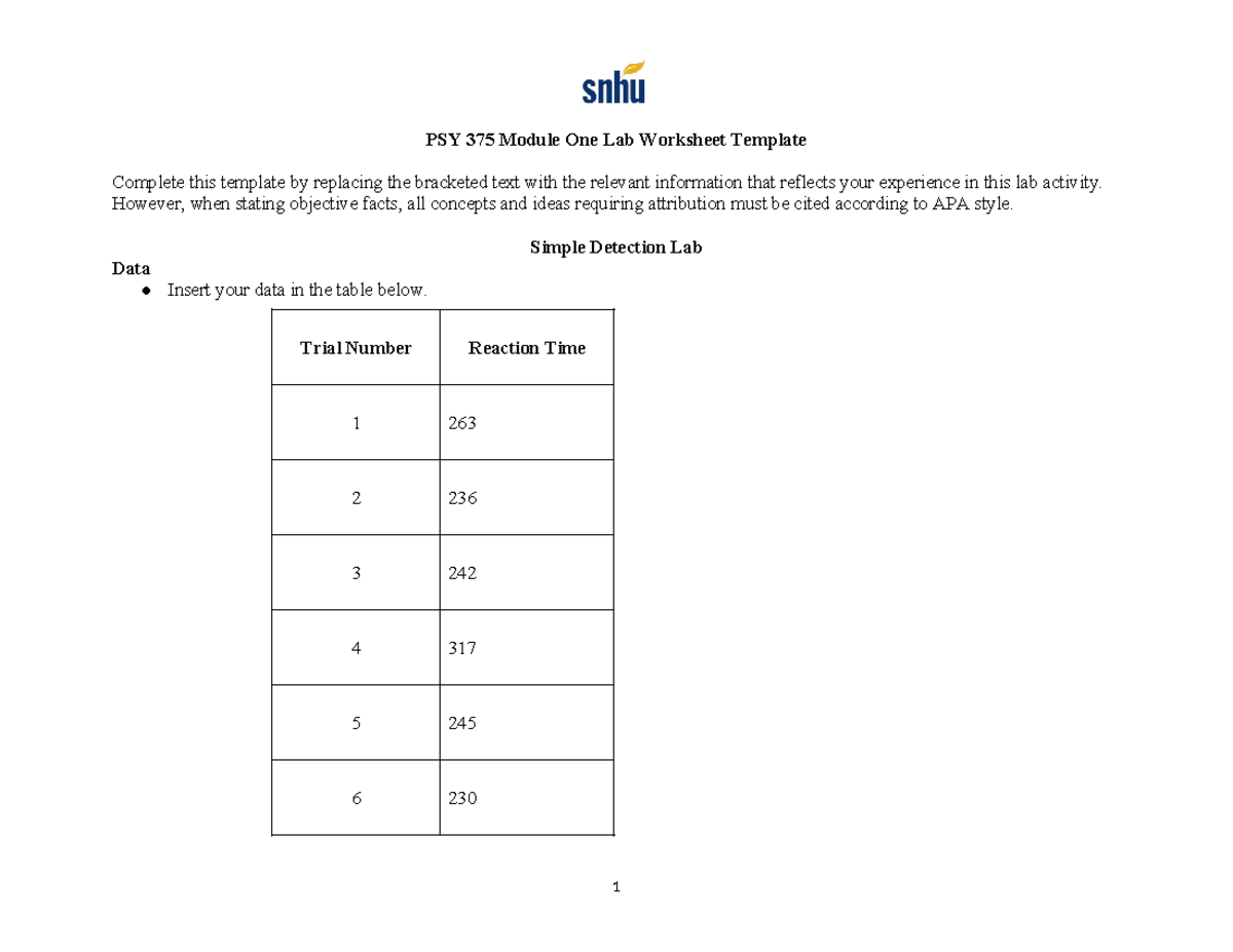 PSY 375 Module One Lab Worksheet Template - PSY 375 Module One Lab ...