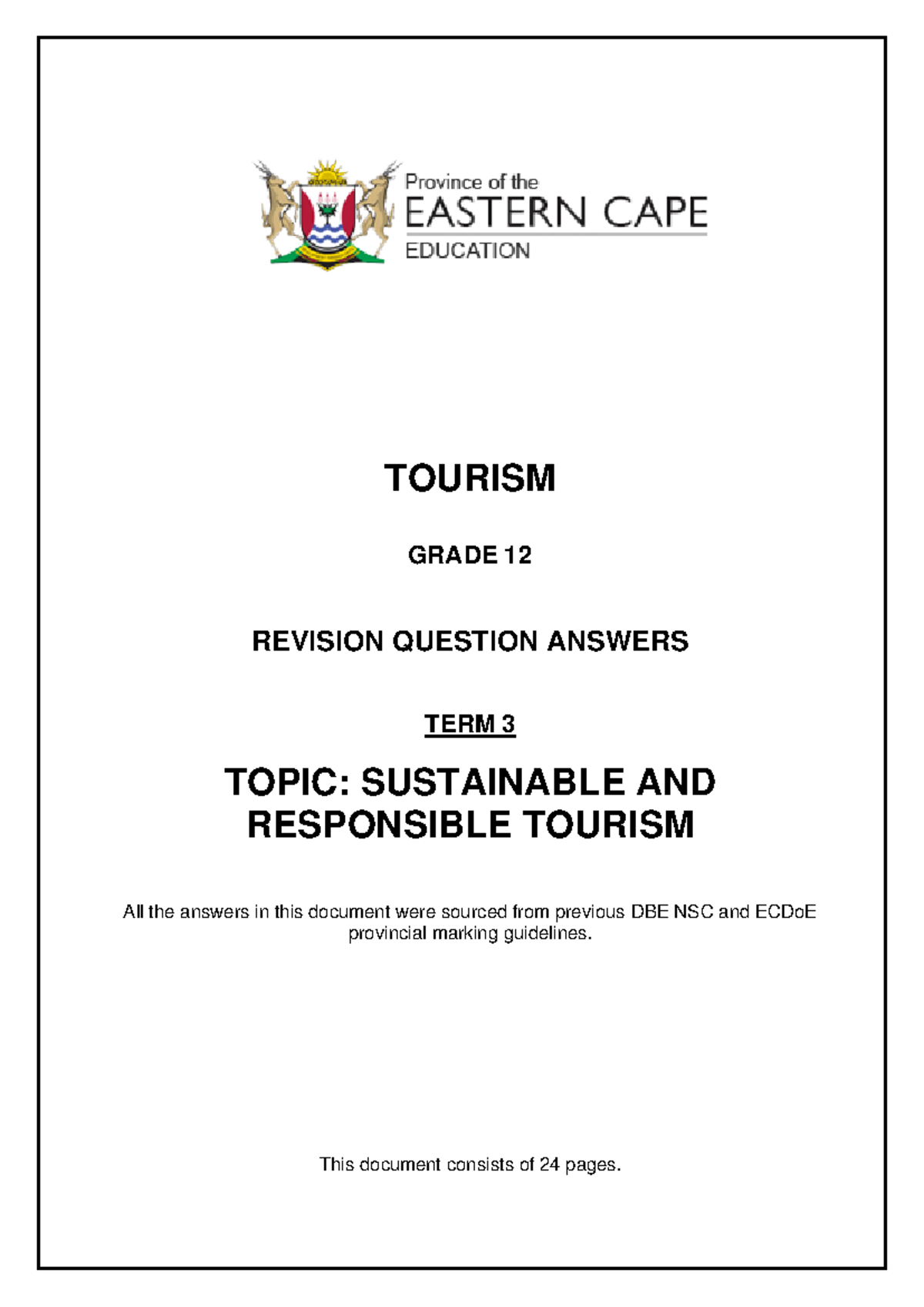 Grade 12 Tourism (EC 2020): Term 3 Revision on Sustainable ...