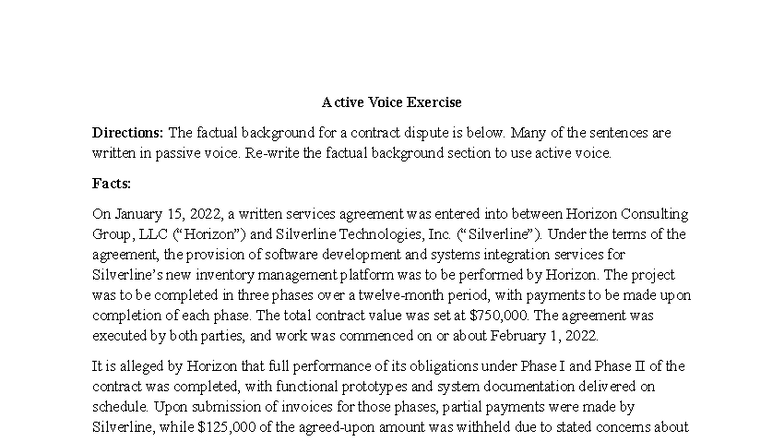 Active Voice Exercise: Transforming Passive Sentences in Contract ...
