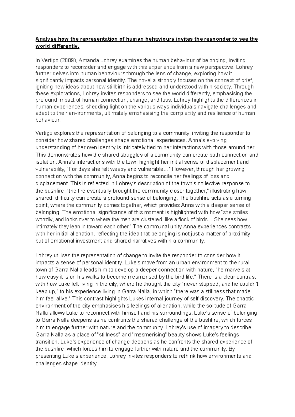 MOD ENG YR12 - Exploring Human Behaviour in Lohrey's Vertigo Essay ...
