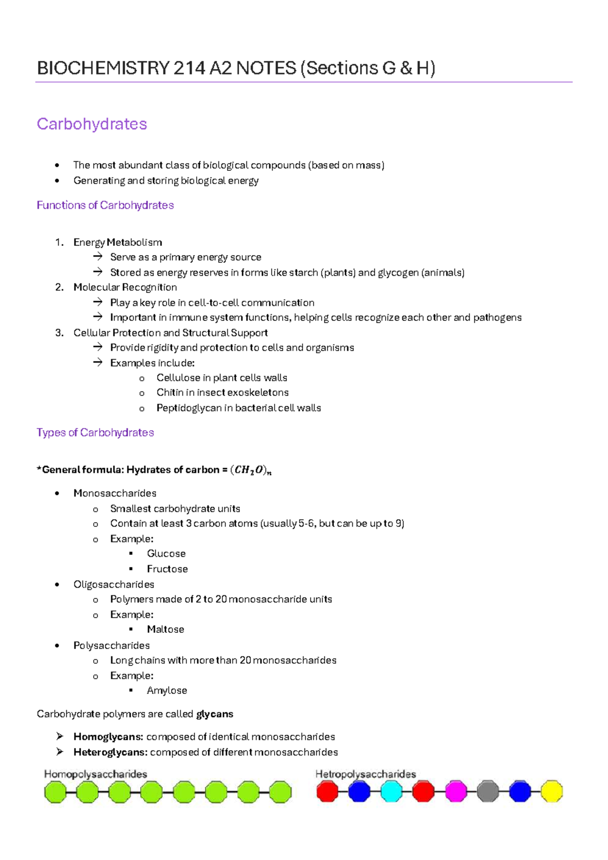 Biochemistry 214 A2 Notes: Carbohydrates and Lipids Overview - Studocu