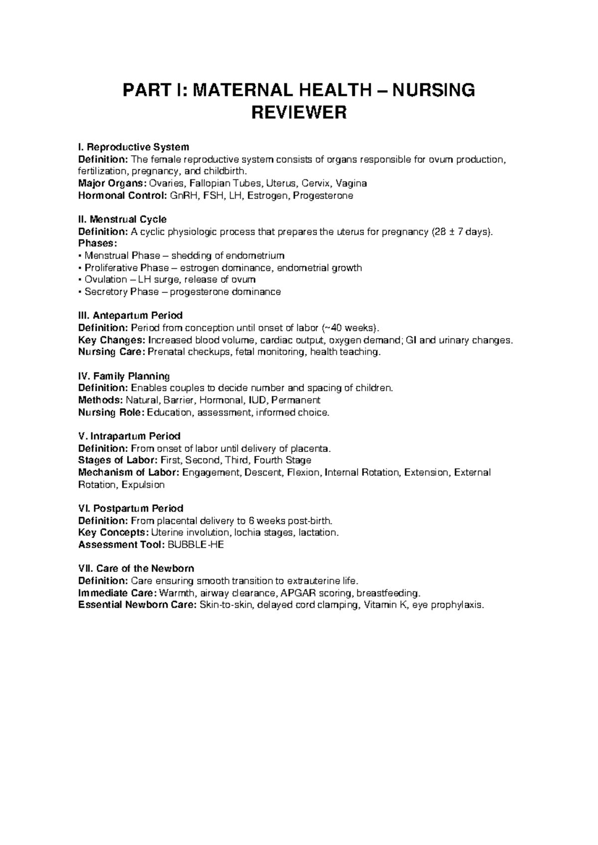 Maternal Health Nursing Reviewer: Key Concepts & Care (MHN 101) - Studocu