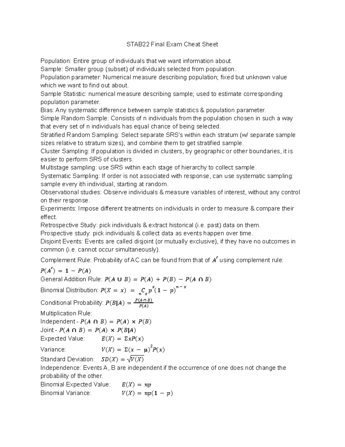 STAB22 Final Exam Cheat Sheet - STAB22 Final Exam Cheat Sheet Population: Entire group of - Studocu