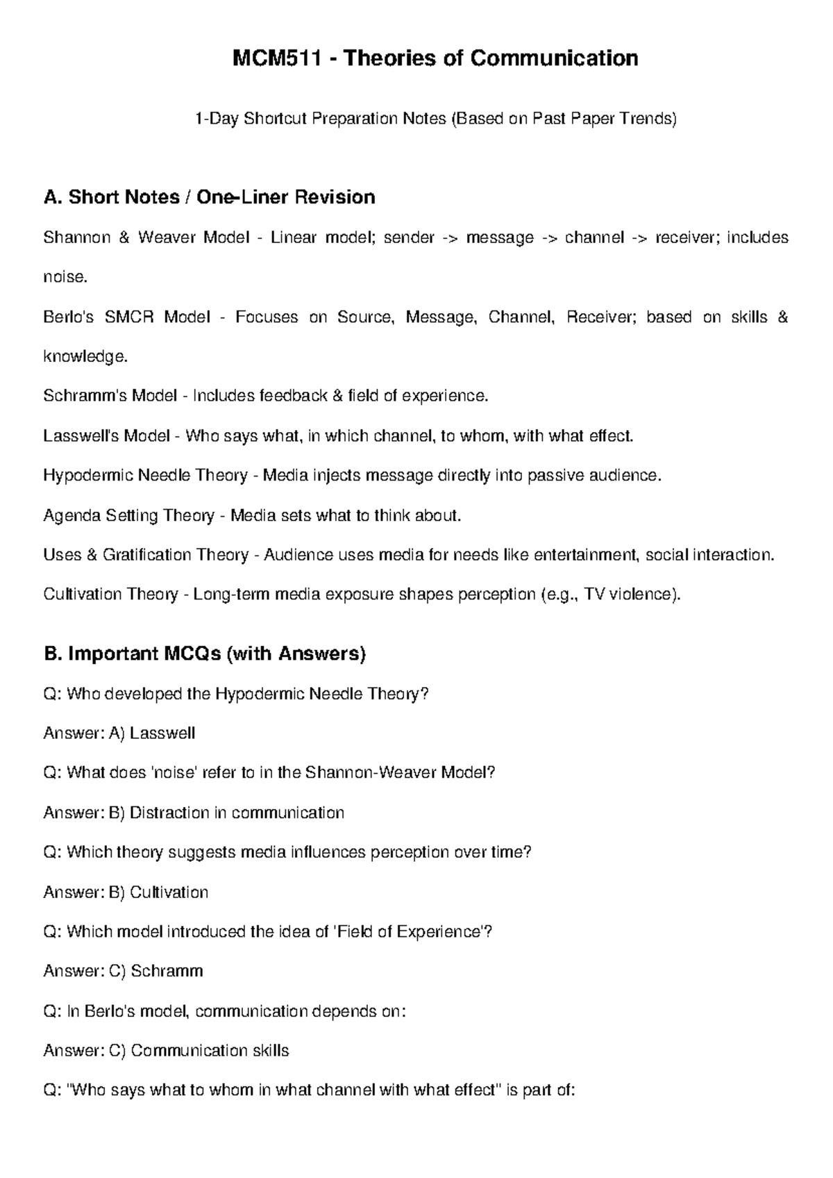 MCM511 Theories of Communication 1-Day Shortcut Exam Prep Notes - Studocu
