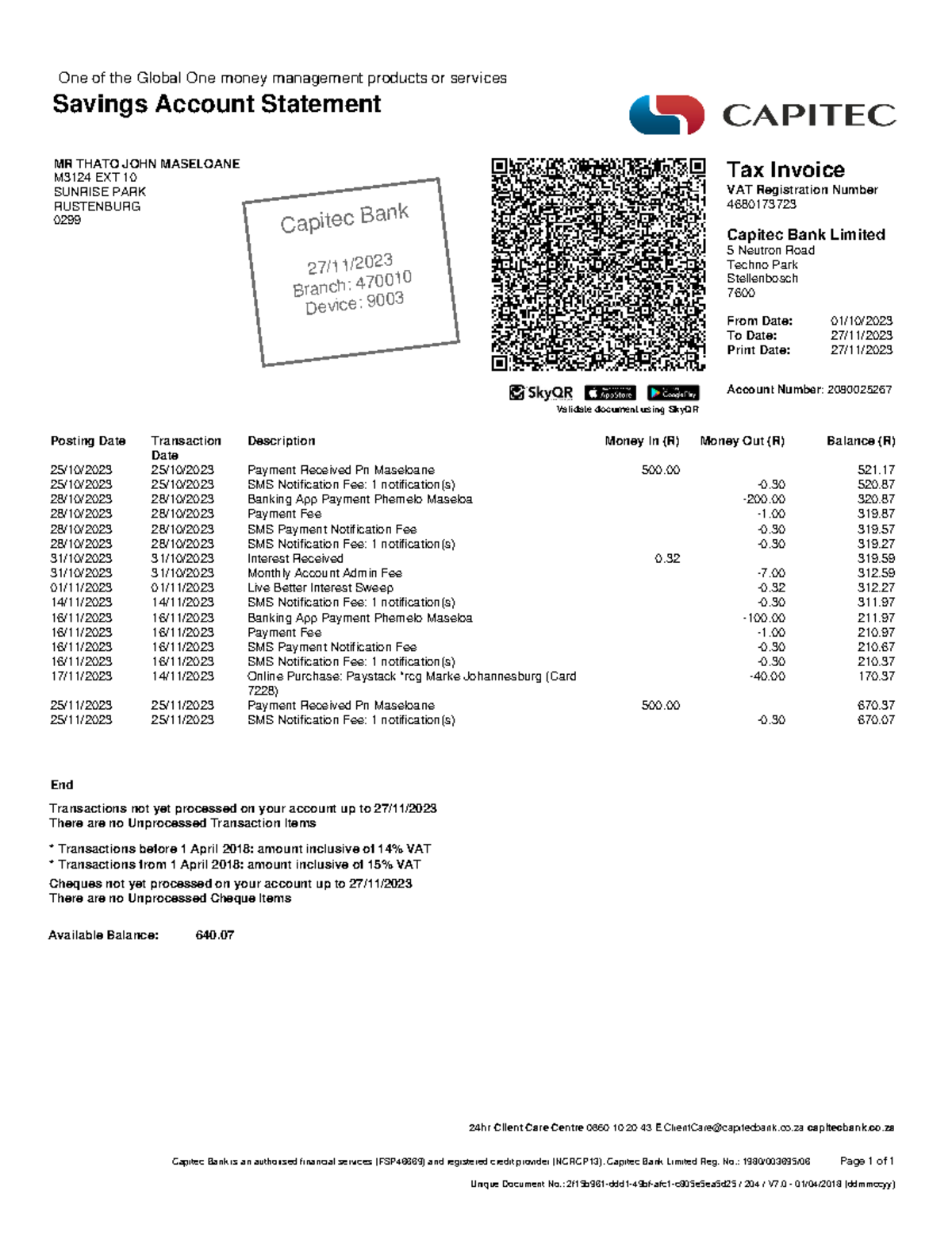 Capitec Bank Savings Account Statement (M3124) - 27 November 2023 - Studocu