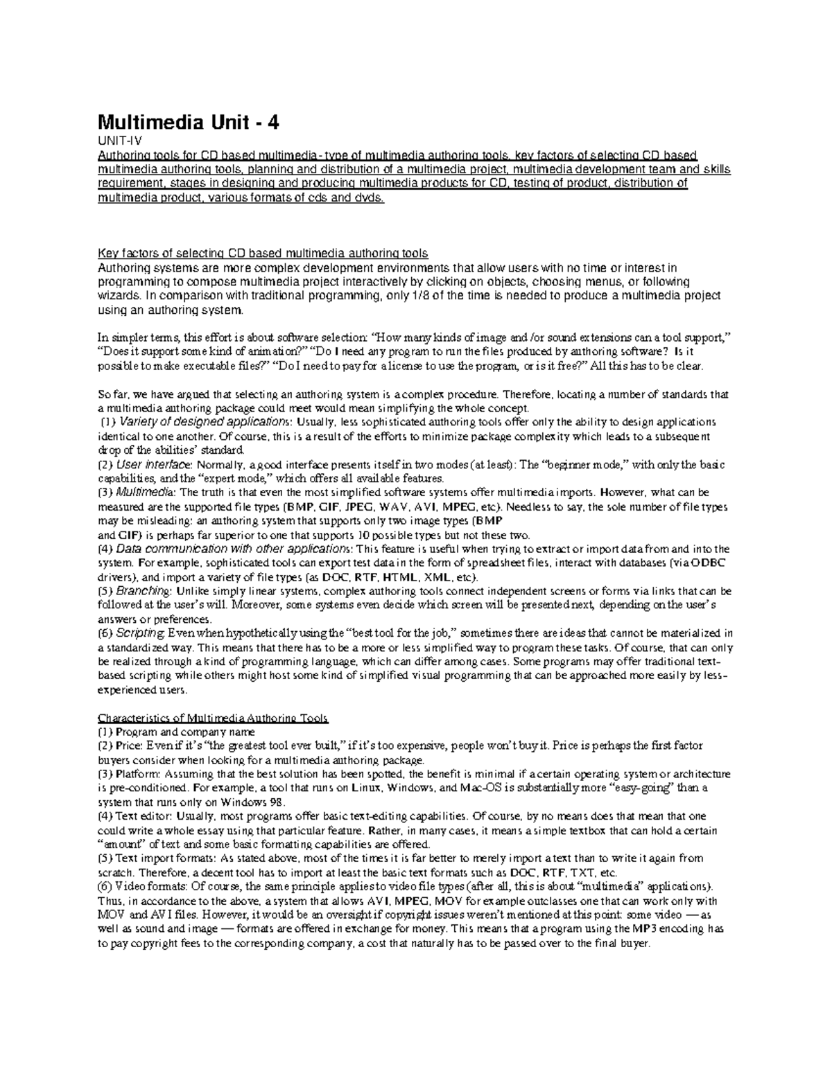 MM UNIT 4 - Summary Bachelor of computer application - Multimedia Unit - 4 UNIT-IV Authoring ...