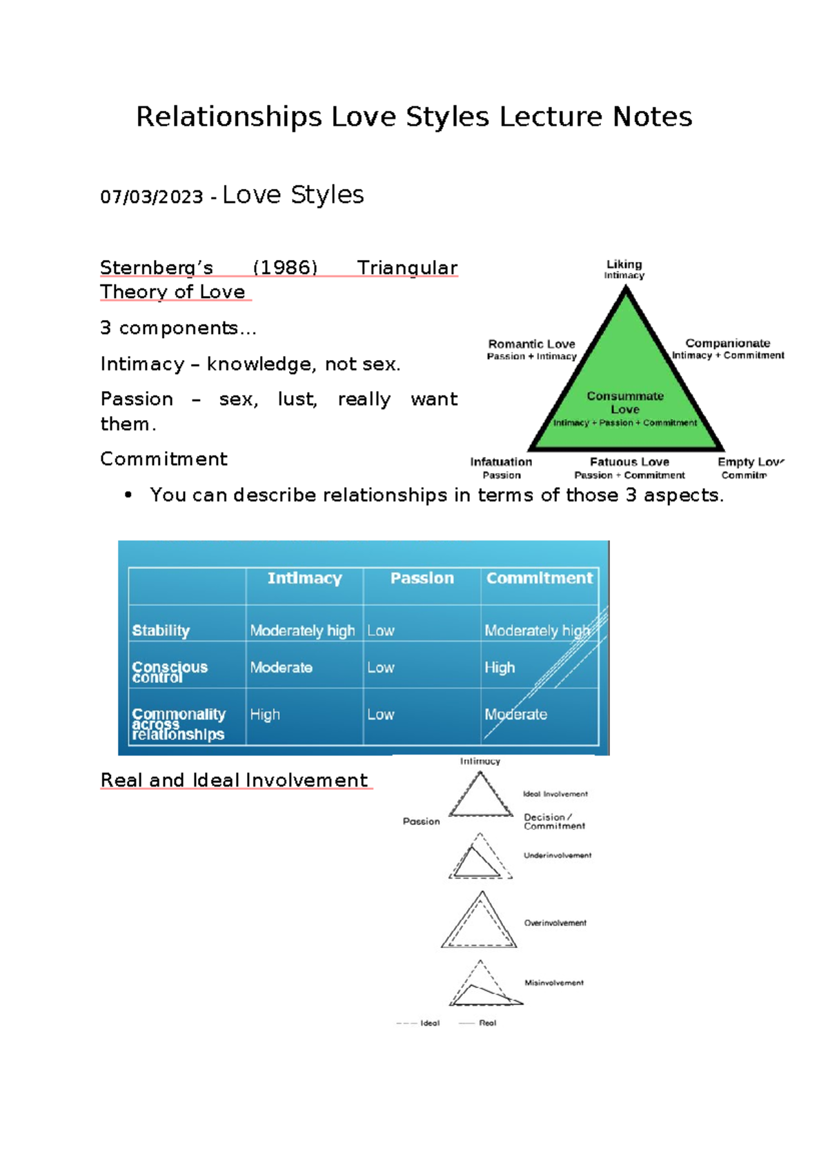 Relationships Love Styles Lecture Notes: Triangular Theory of Love ...