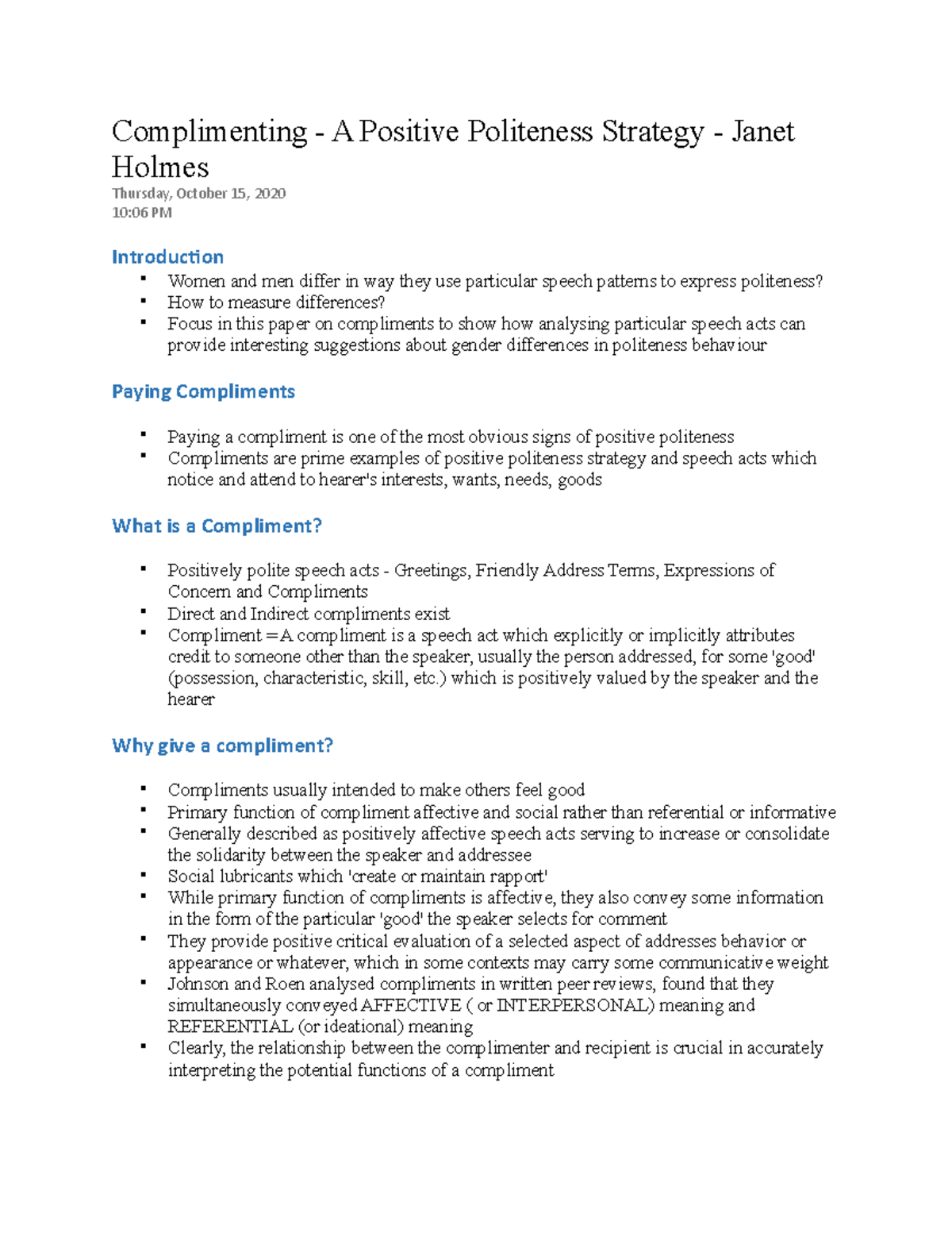 Complimenting: A Study on Positive Politeness Strategies (2020) - Studocu