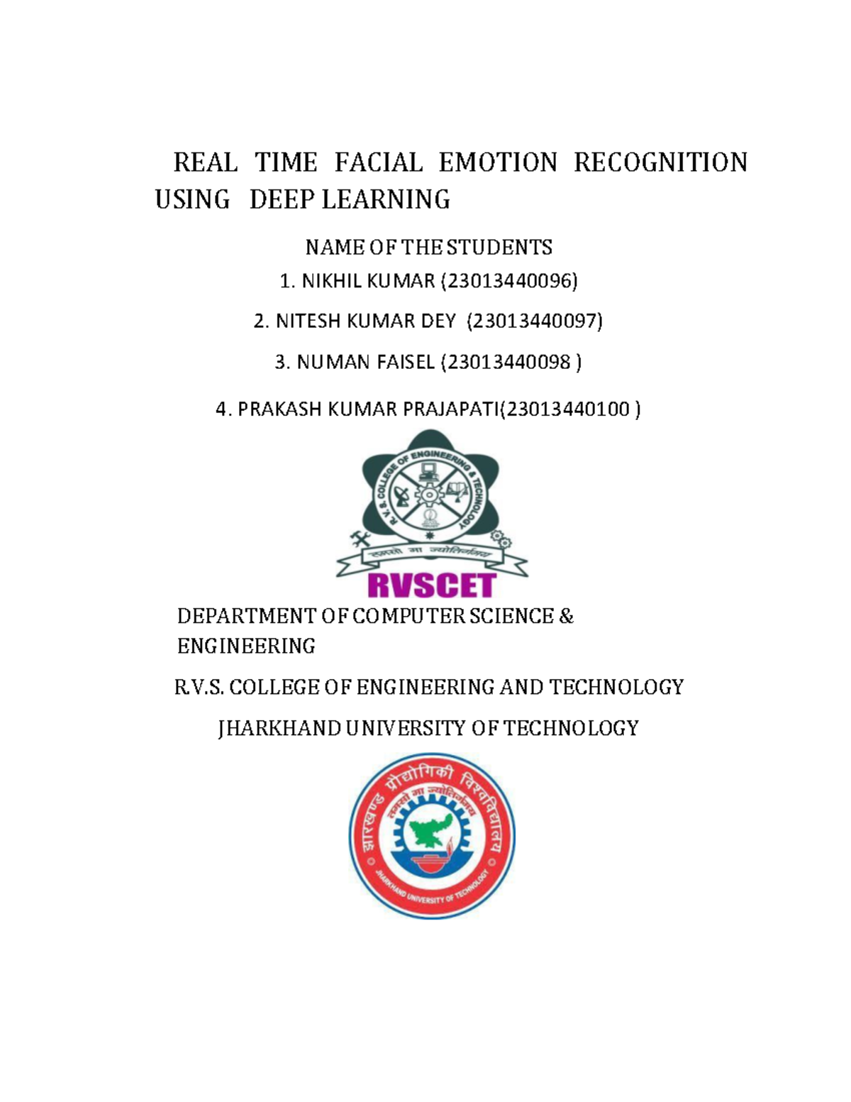 CSE 3rd Sem Mini Project Report: Real-Time Facial Emotion Recognition - Studocu