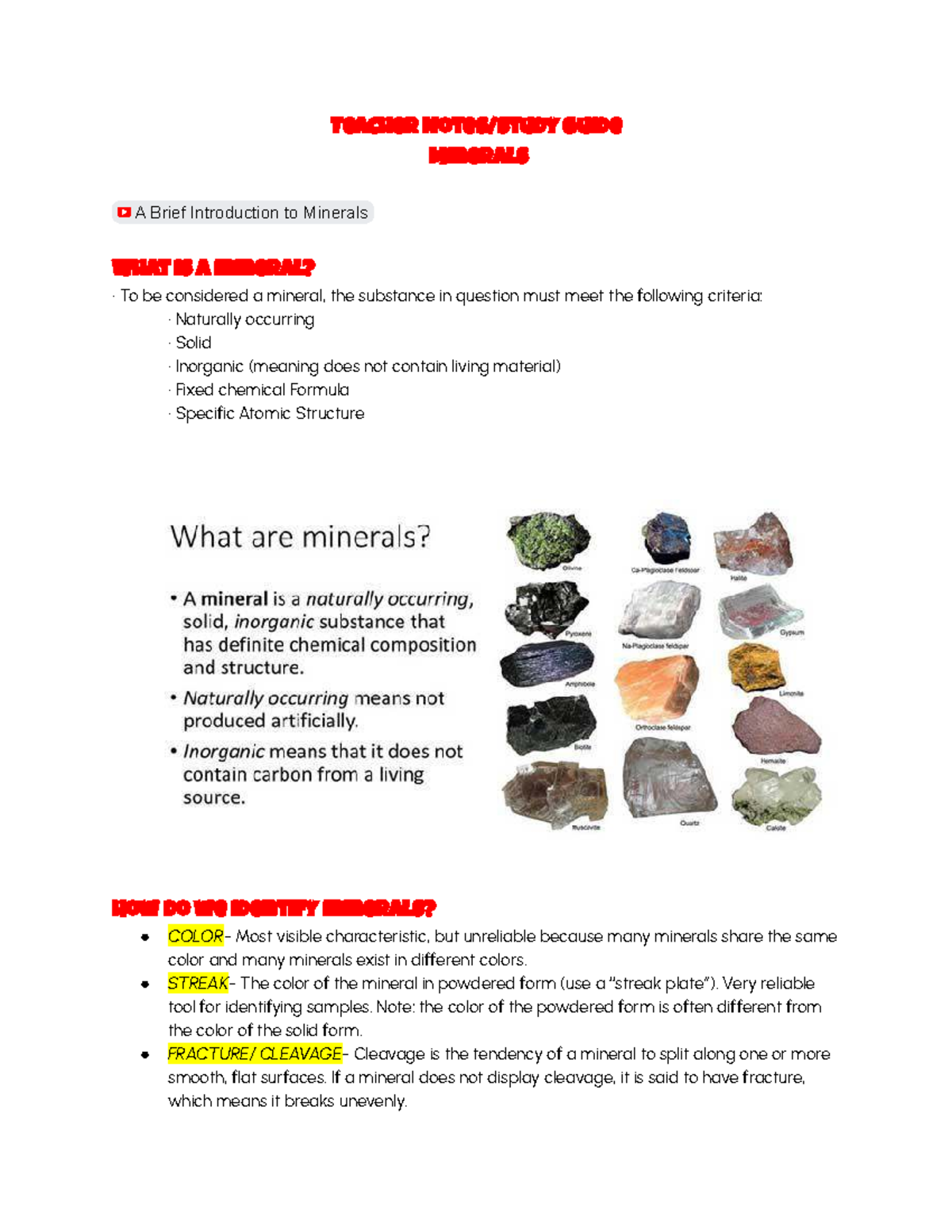 M.E. Teacher Study Guide: Identifying & Understanding Minerals - Studocu