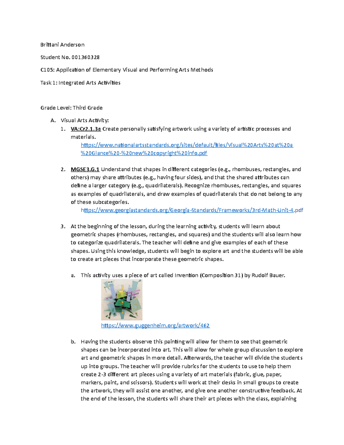 C105 Task 1: Integrated Arts Activities for 3rd Grade - Studocu