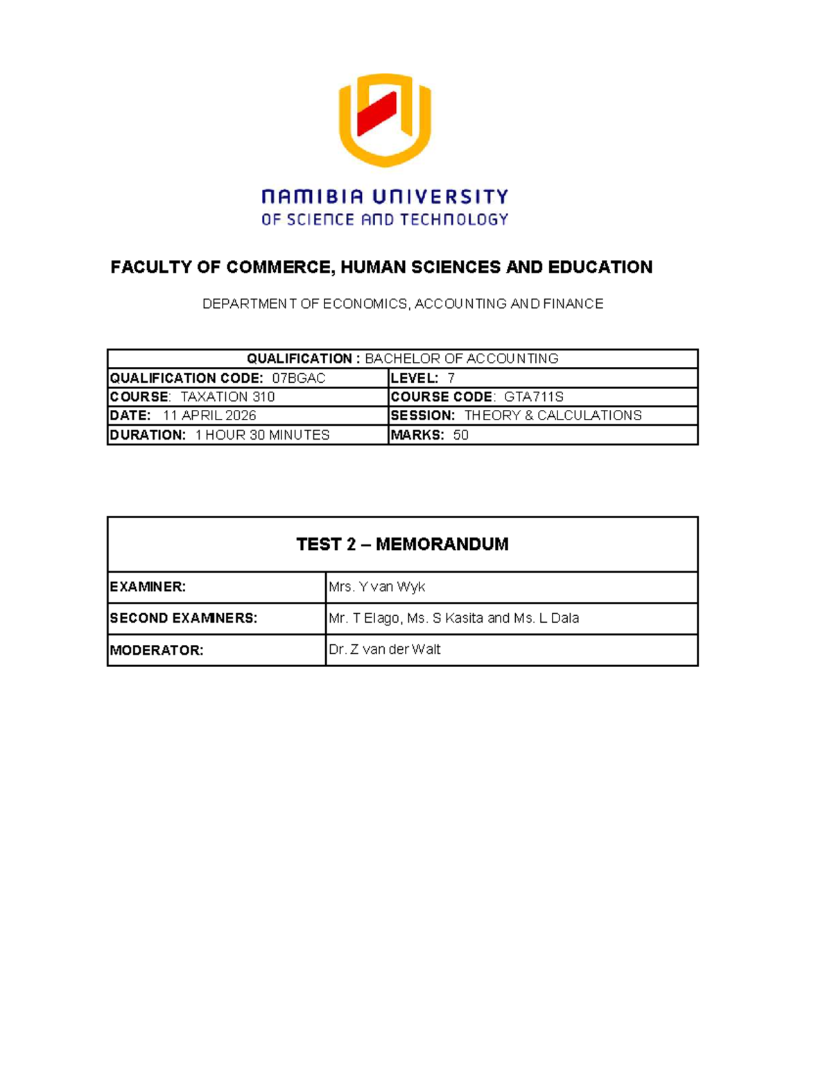 Test 2 Memorandum for Taxation 310 (GTA711S) - 2026 - Studocu