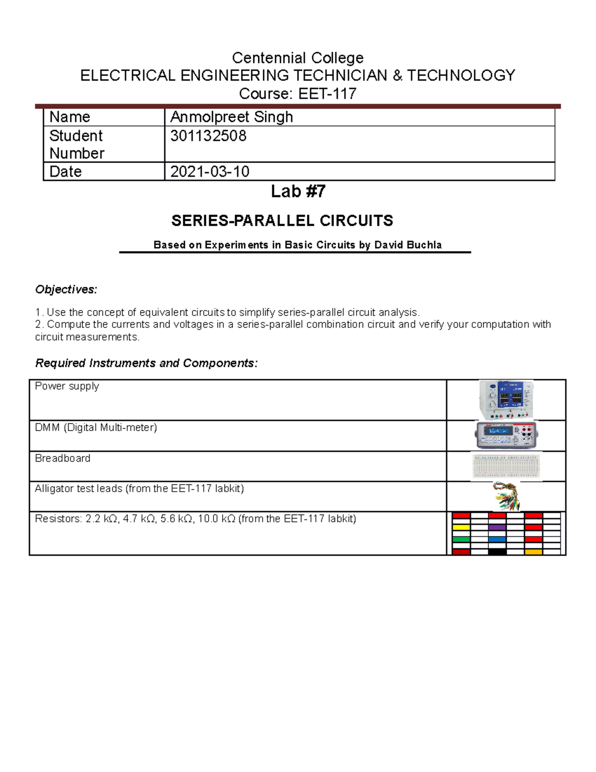 EET-117 Lab 7: Analysis of Series-Parallel Circuits and Measurements - Studocu