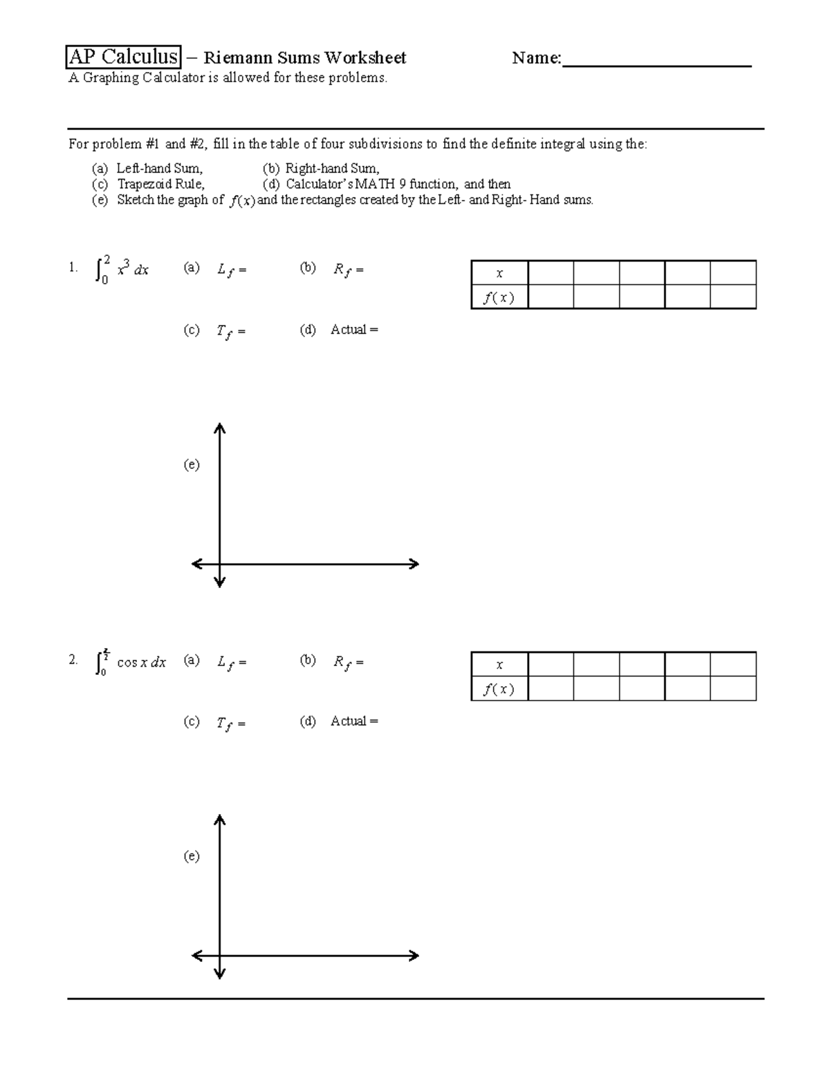 AP Calculus - Riemann Sums Worksheet for Definite Integrals - Studocu
