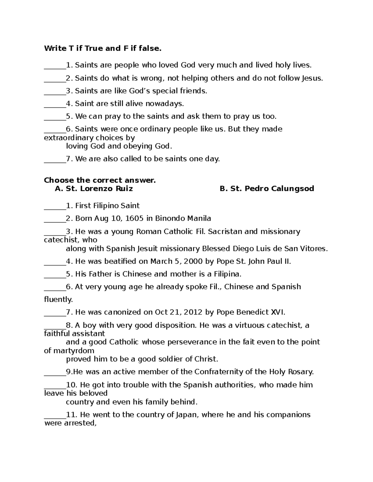 Q1 CLE Saints - Quiz on Saints and Their Lives - Studocu