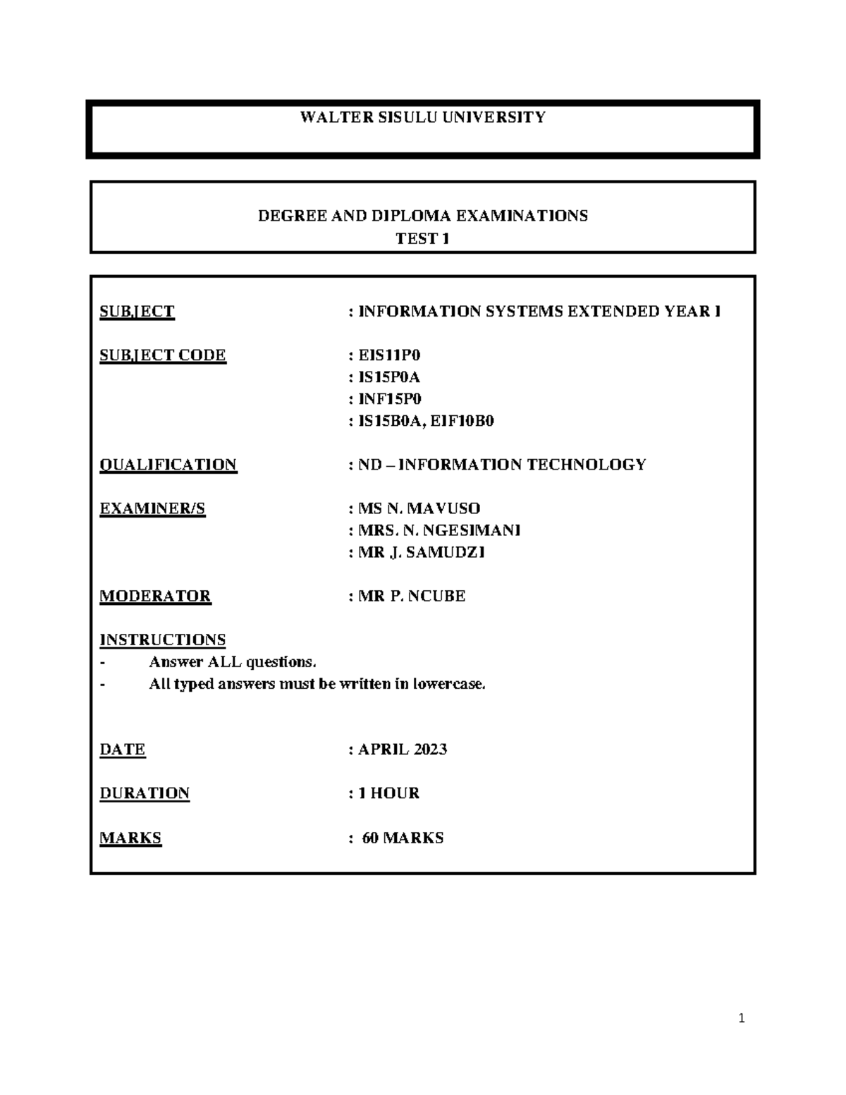 IS 1A - Test 1 April 2023 - Information Systems Questions - Studocu