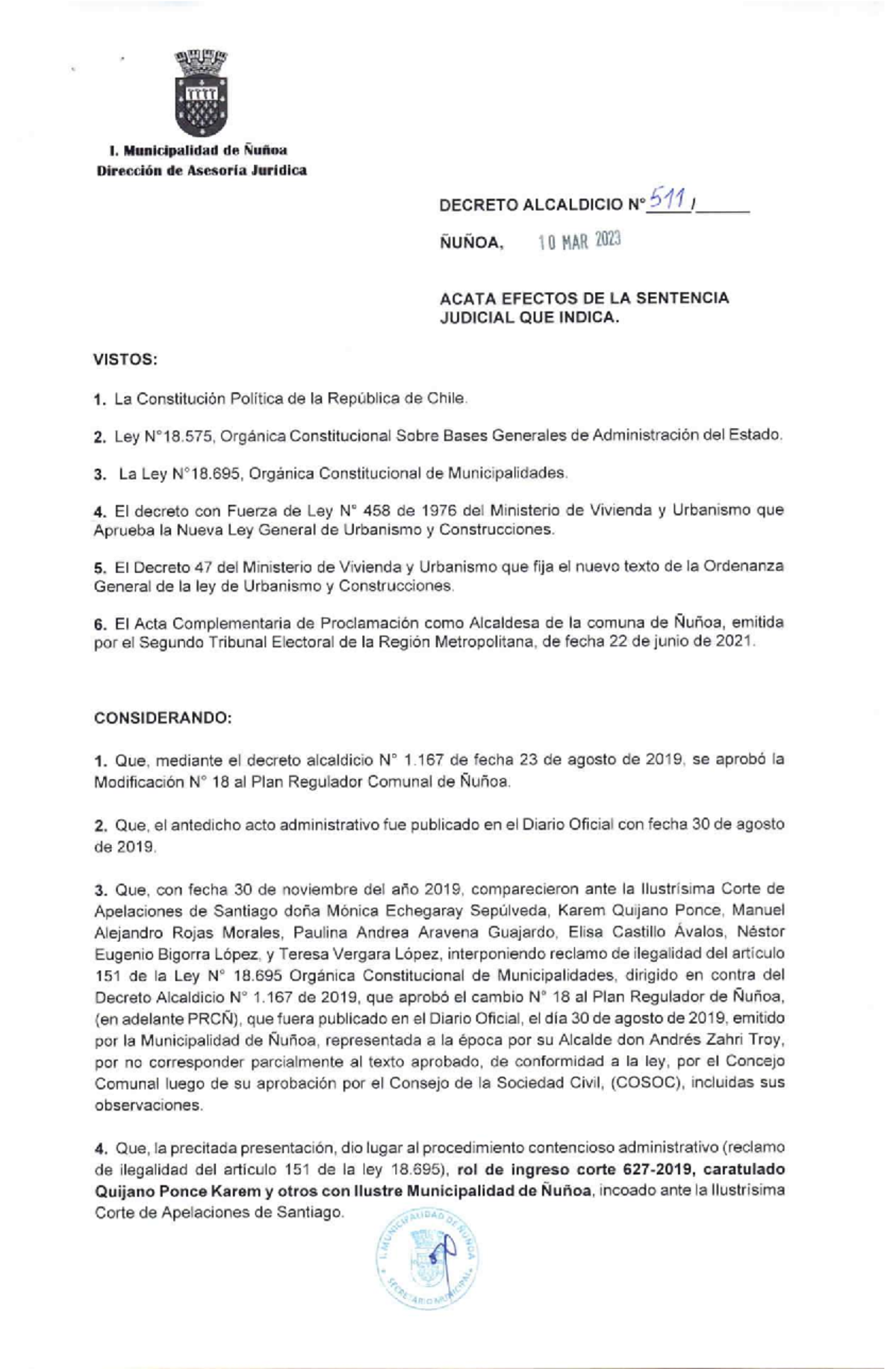Decreto Alcaldicio 511 de Nuñoa: Acatamiento de Sentencia Judicial 2023 ...