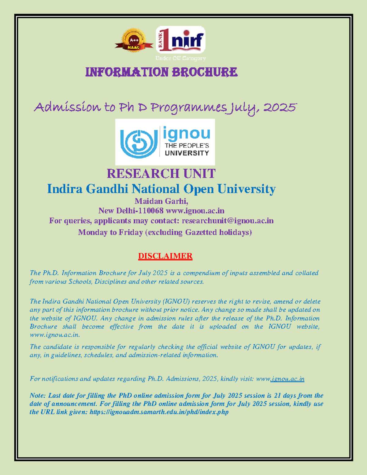 Ph.D. Admission Information Brochure - July 2025 - IGNOU - Studocu