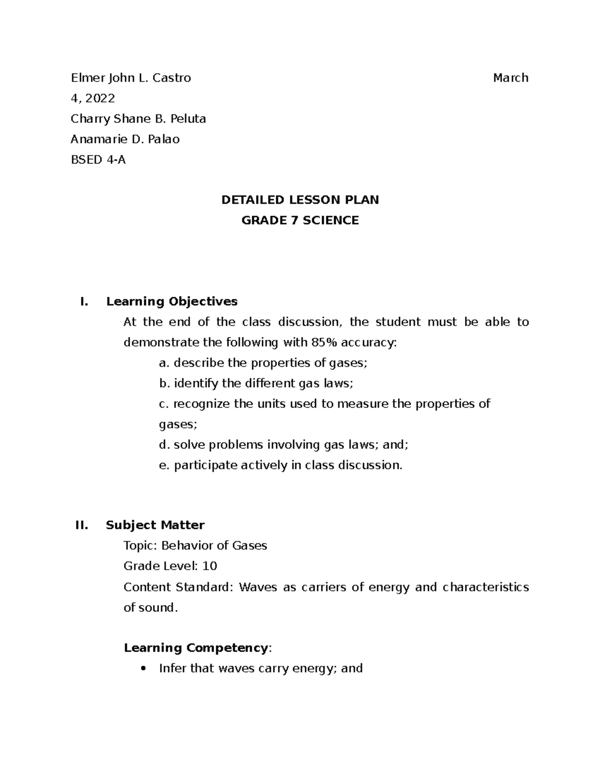 GAS 7 - Detailed Lesson Plan on Properties and Laws of Gases - Studocu