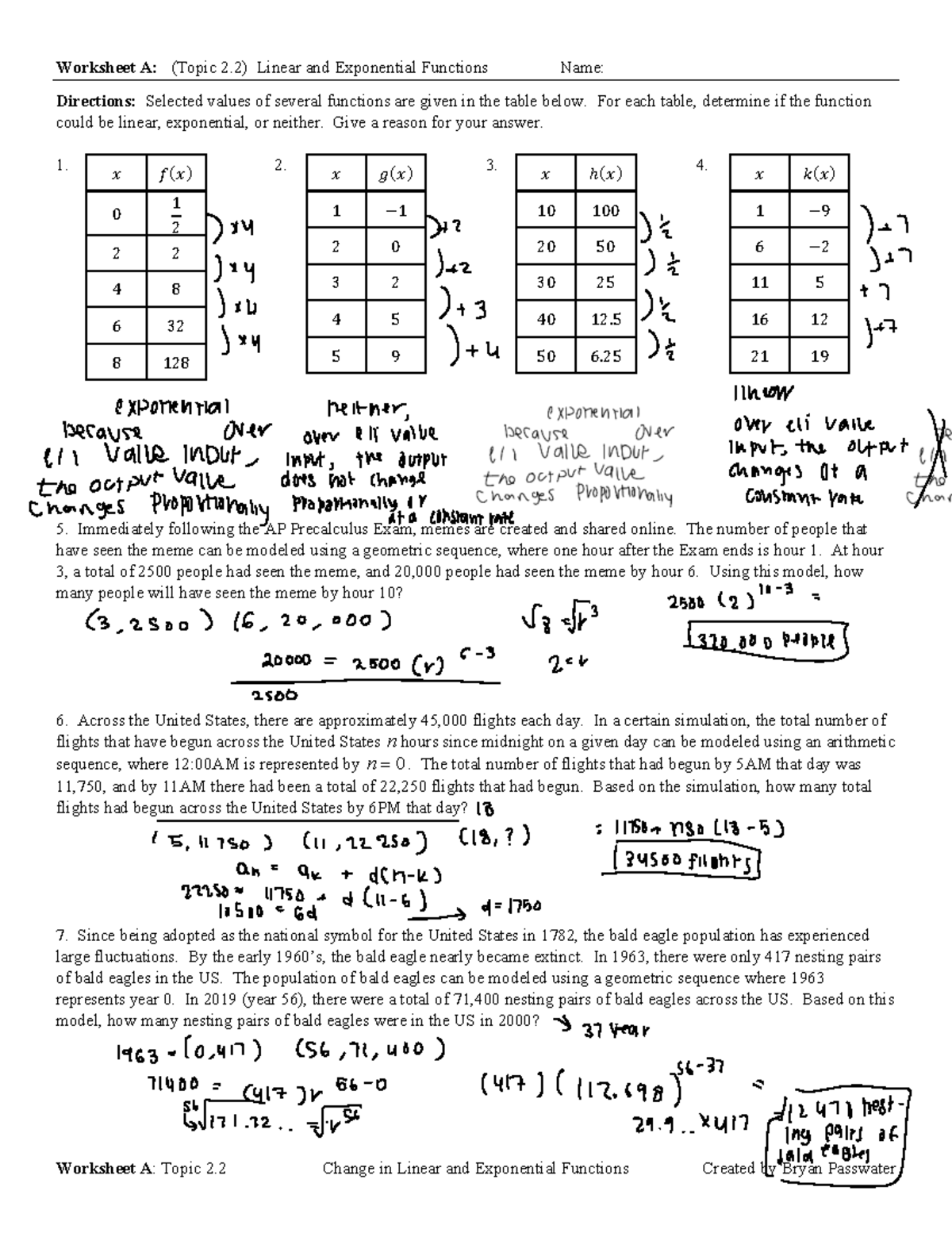 Worksheet A: Topic 2.2 - Change in Linear & Exponential Functions - Studocu