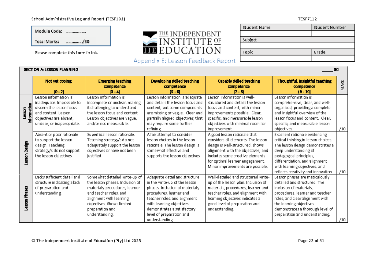 TESF102 TESF7112 School Administrative Log & Lesson Report 2025 - Studocu