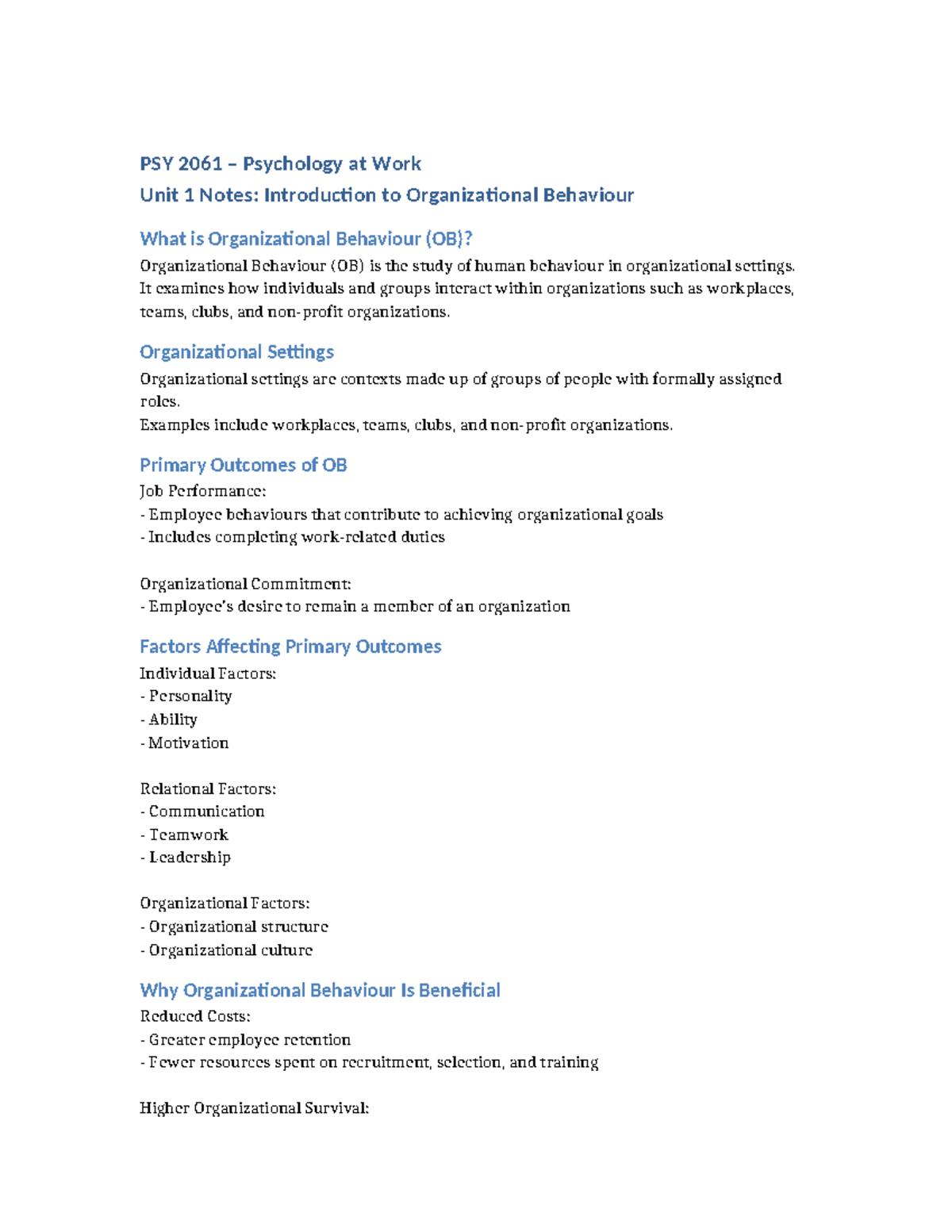 PSY 2061 Unit 1: Intro to Organizational Behaviour Notes - Studocu