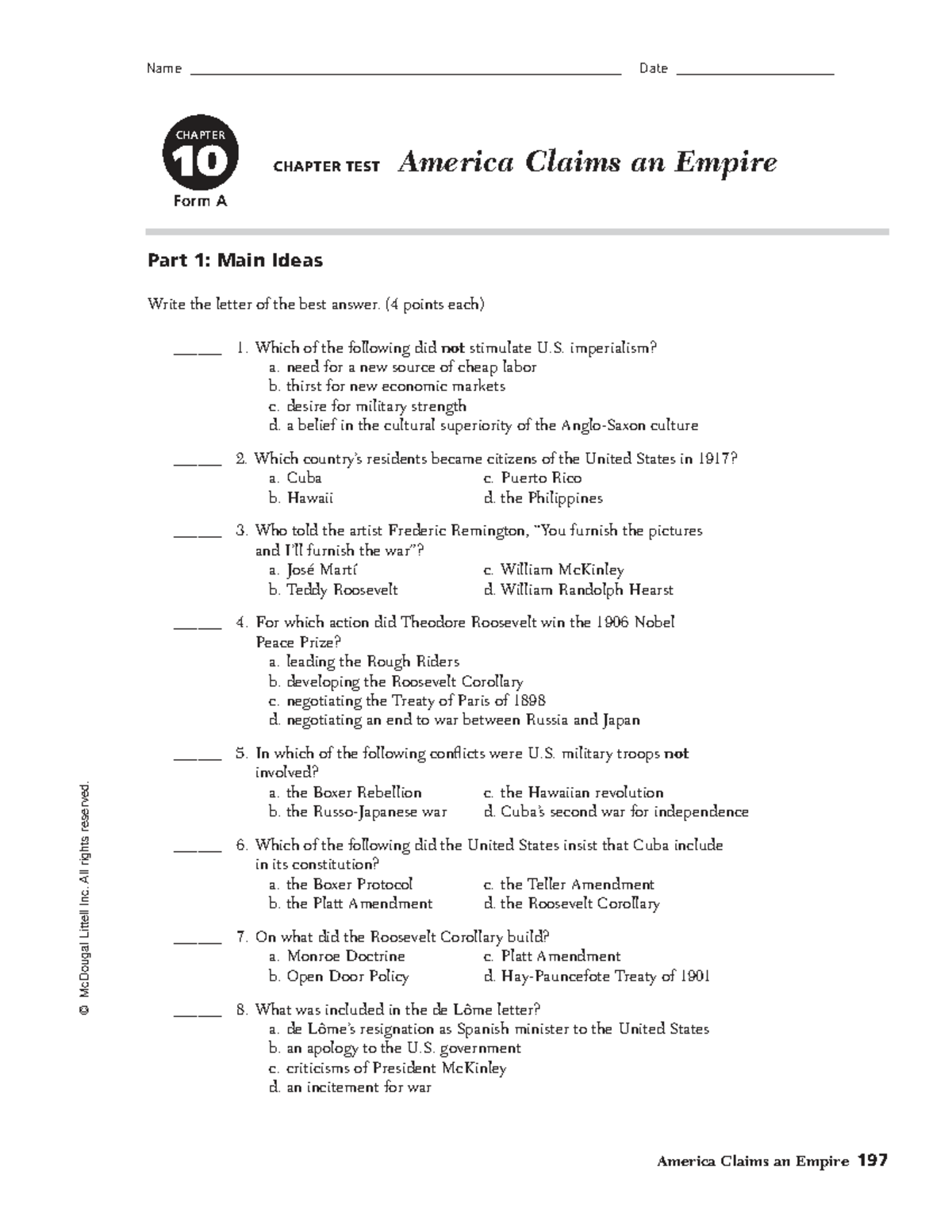 CHAPTER 10 TEST: America Claims an Empire - Formal Assessment - Studocu