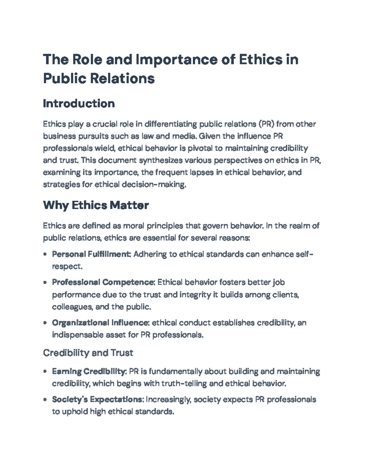 The Role of Ethics in Public Relations: Importance and Strategies - The Role and Importance of ...