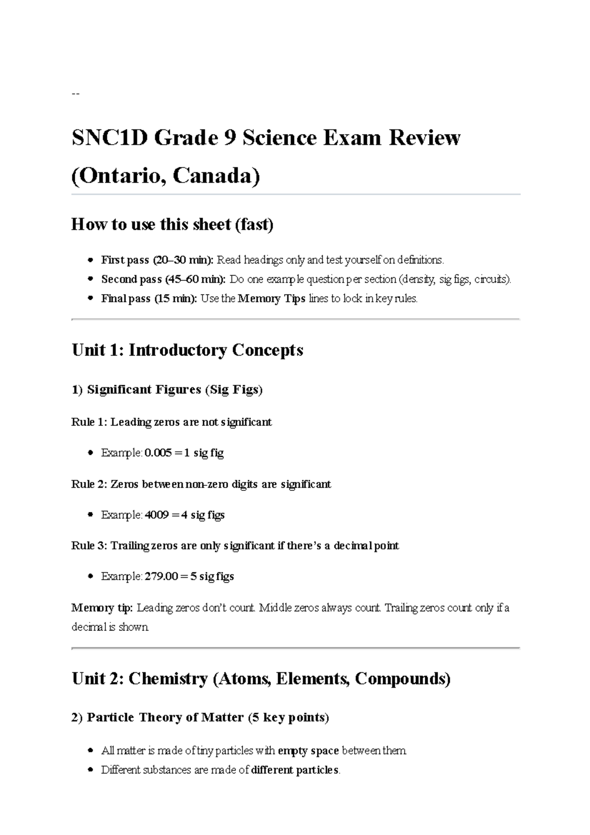 SNC1D Grade 9 Science Final Exam Review Guide - Studocu