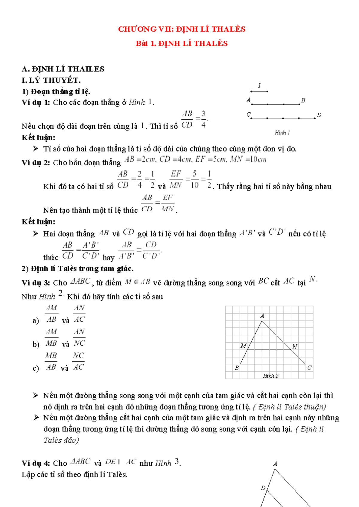 CHƯƠNG 7: ĐỊNH LÍ THALES VÀ ỨNG DỤNG TRONG TAM GIÁC - Studocu