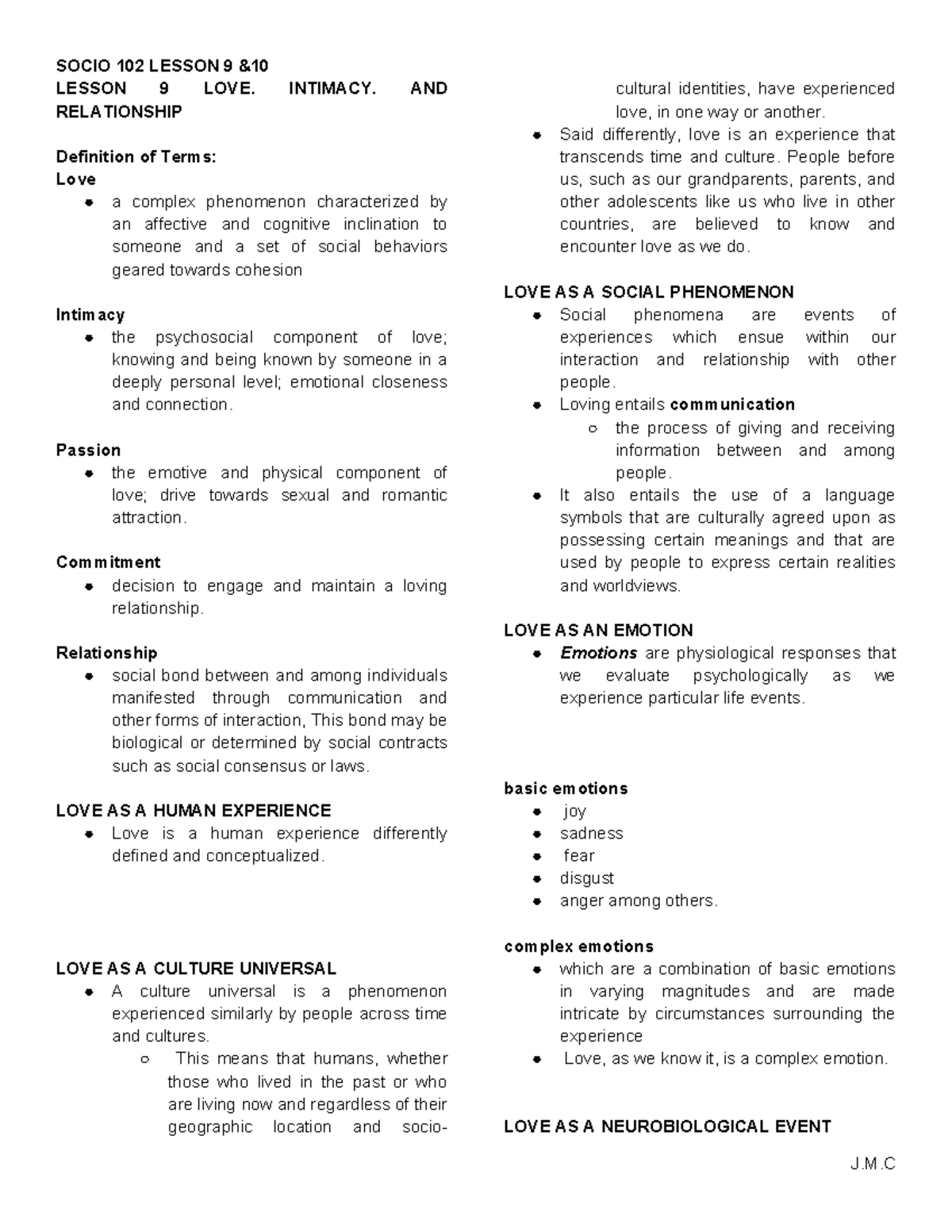Socio 102 Lesson 9 & 10 - Summary - LESSON 9 LOVE. INTIMACY. AND RELATIONSHIP Definition of ...