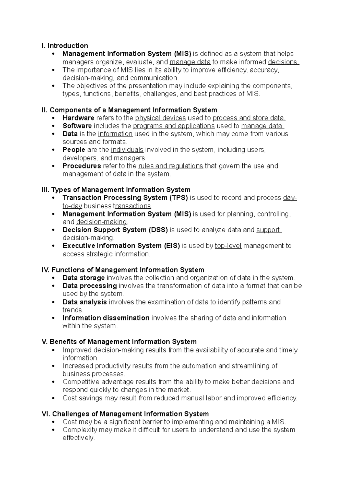 MIS Student Reviewer - I. Introduction Management Information System (MIS) is defined as a ...