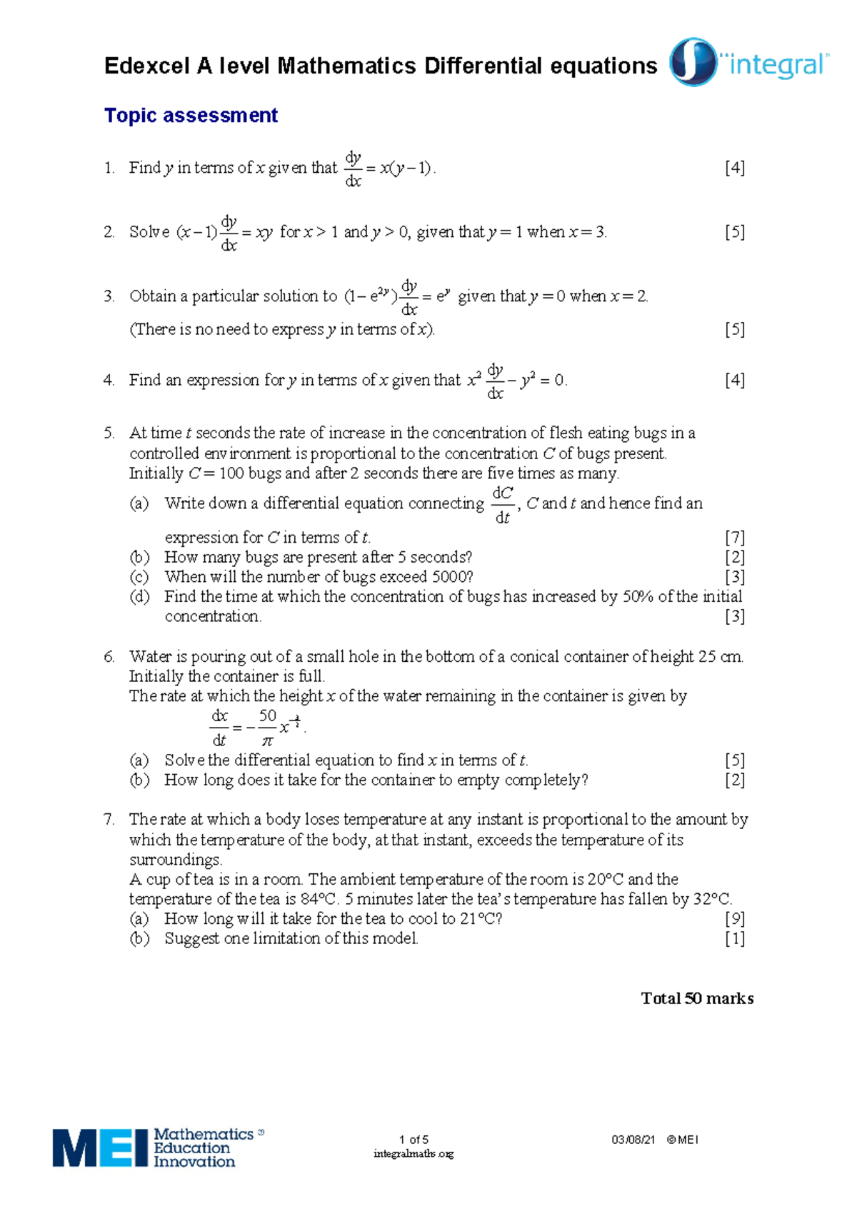 Edexcel A Level Maths 11b - Differential Equations Assessment Solutions ...