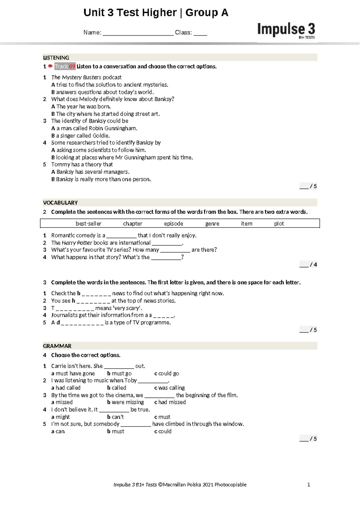 Impulse 3 Test - Listening & Vocabulary Exercises - Studocu