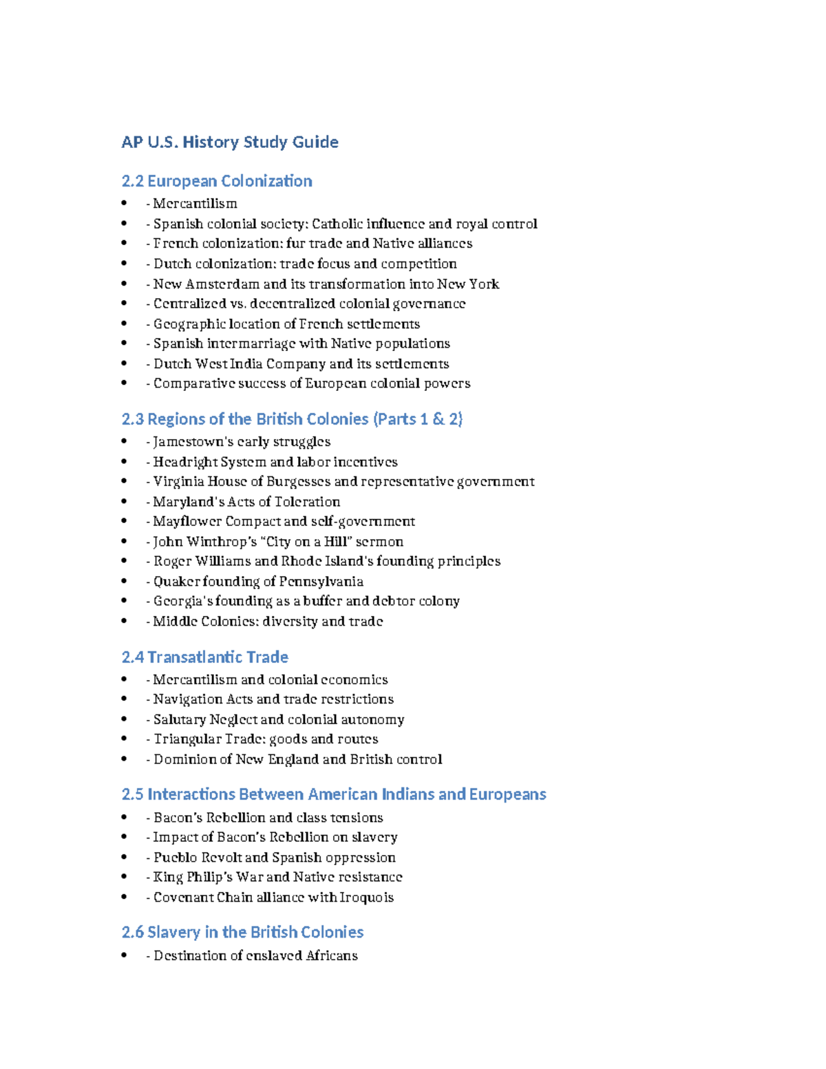AP U.S. History Study Guide: Colonial America & Interactions - AP U ...