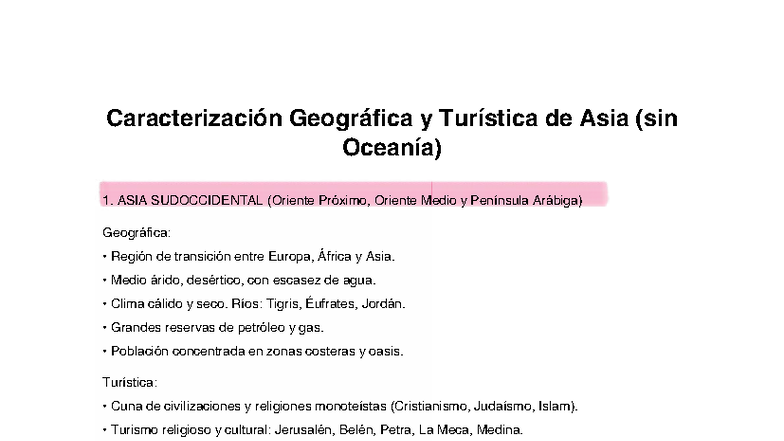 Caracterización Geográfica y Turística de Asia (sin Oceanía) - Studocu