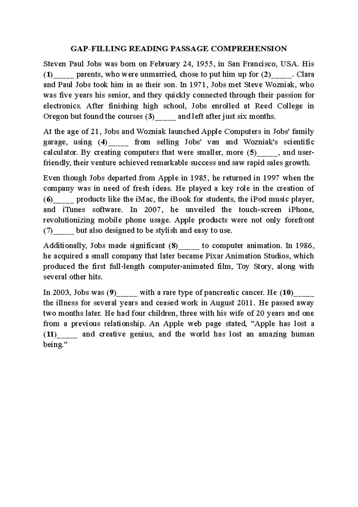 TU VỰNG Summary Reading UNIT 1: The Life of Steve Jobs - Studocu