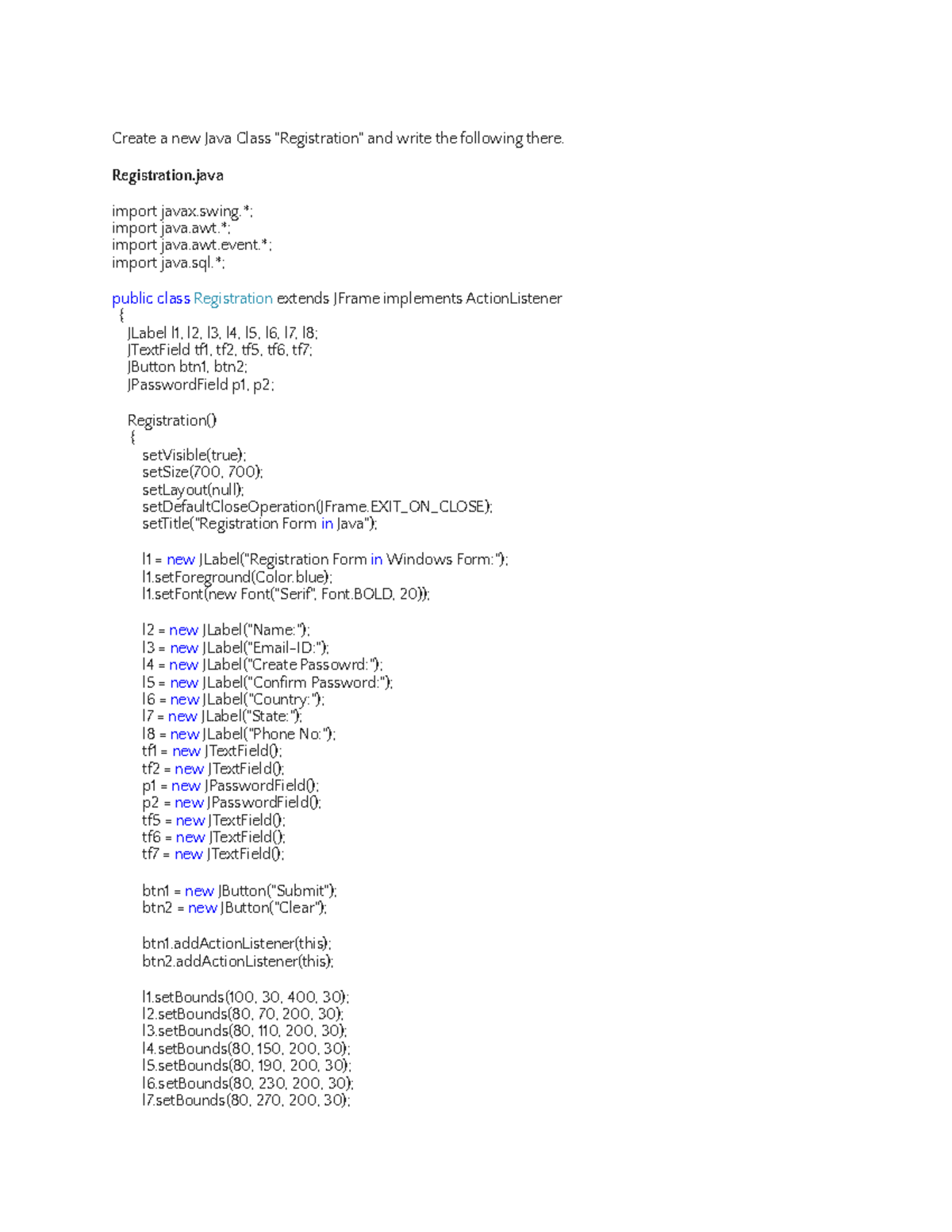 Jdbc with frame.doc - vd iovnid - Create a new Java Class "Registration ...