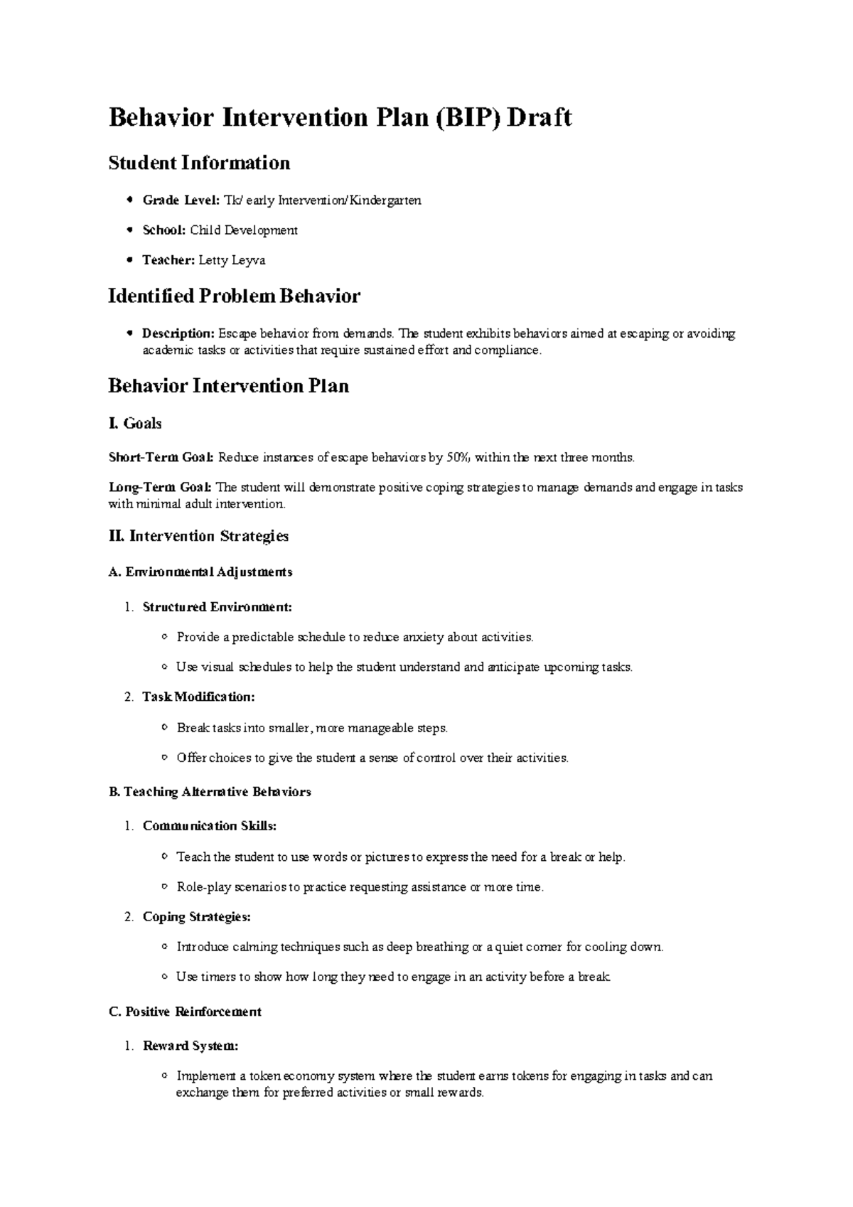 Behavior Intervention Plan (BIP) for Tk/Kindergarten Student - Studocu
