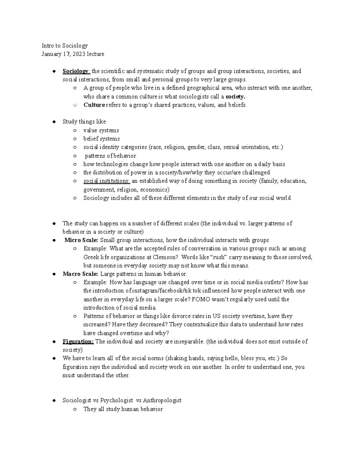 Intro to Sociology - Intro to Sociology January 17, 2023 lecture ...