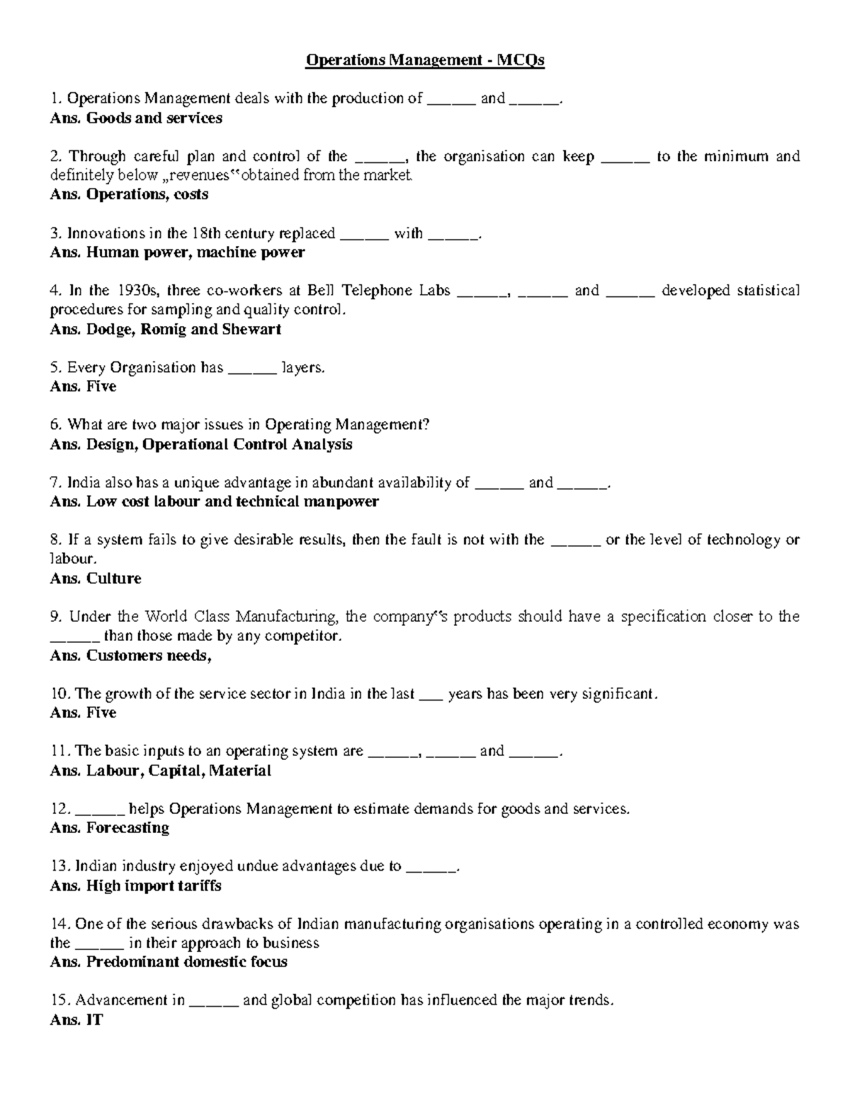 Operations Management Revised MCQs - Comprehensive Study Guide - Studocu