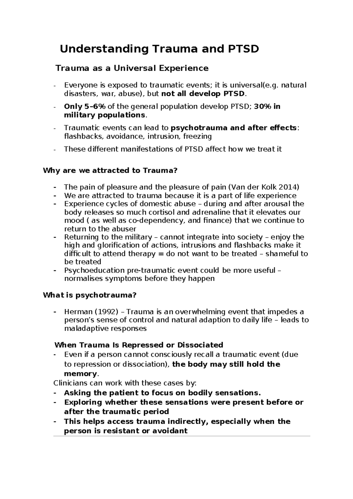 Trauma Notes: Understanding PTSD and Its Impact on Healing - Studocu