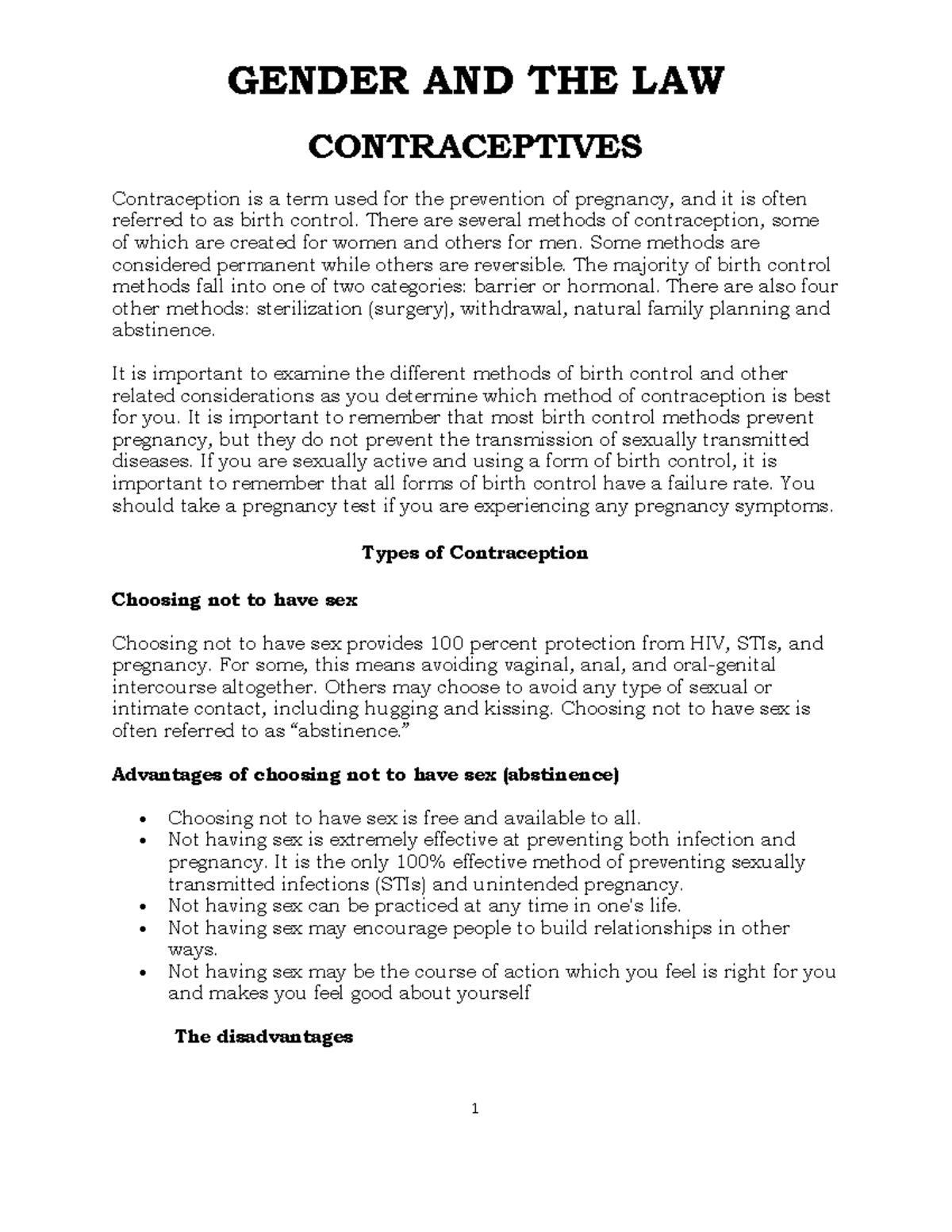 GENDER AND THE LAW: Contraception Notes (Course Code: G&L 101) - Studocu
