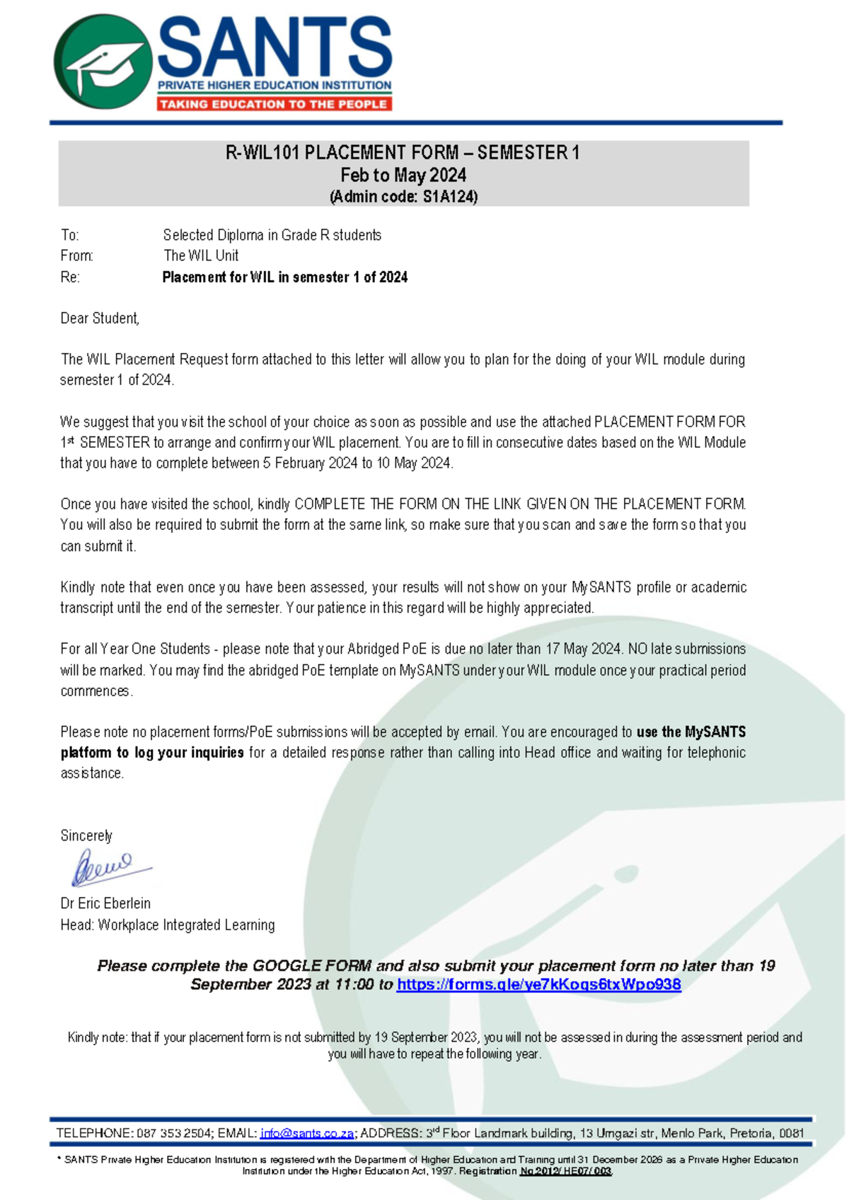 R-WIL101 Placement Form for Diploma in Grade R - Semester 1 2024 - Studocu