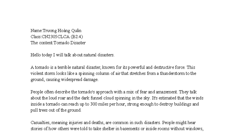 CN2305CLCA (B2.4) Essay on Tornado Disasters and Their Impact - Studocu